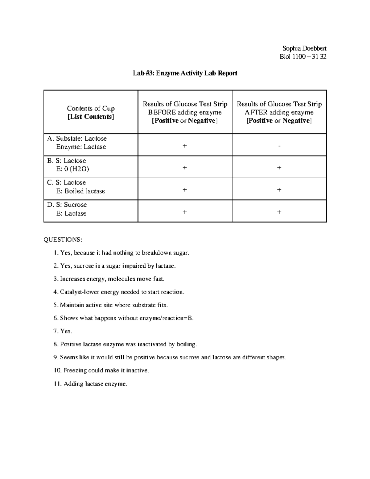 Lab #3 Enzyme Activity Lab Report - Sophia Doebbert Biol 1100 – 31 32 ...
