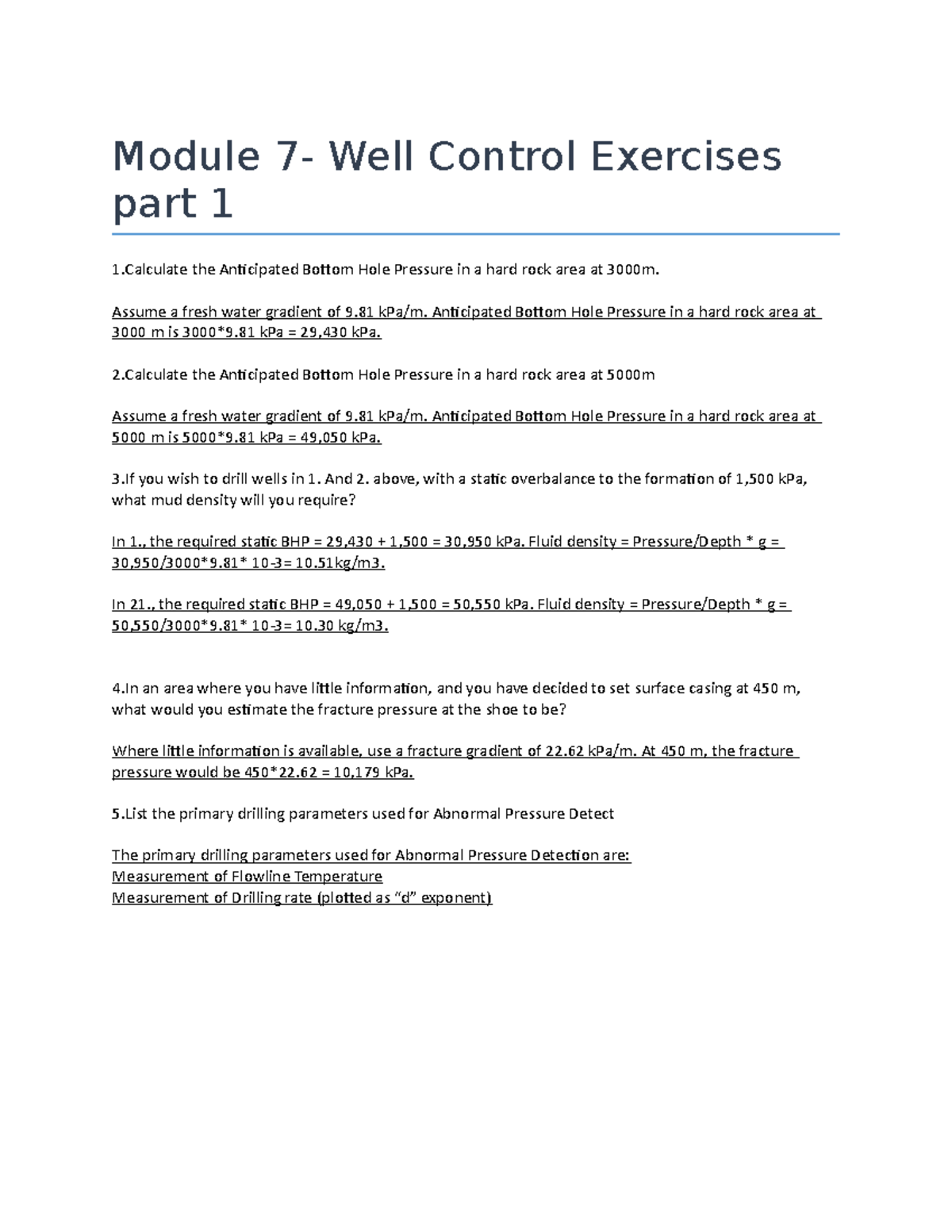 Advanced Drilling Module 7 Exercises part 1 - Module 7- Well Control ...