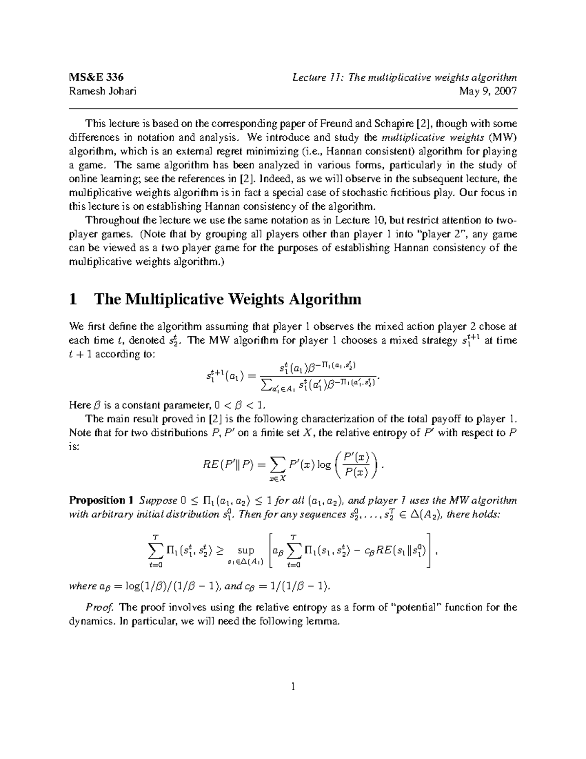 Lecture notes, lecture 11 - The multiplicative weights algorithm - 336 ...