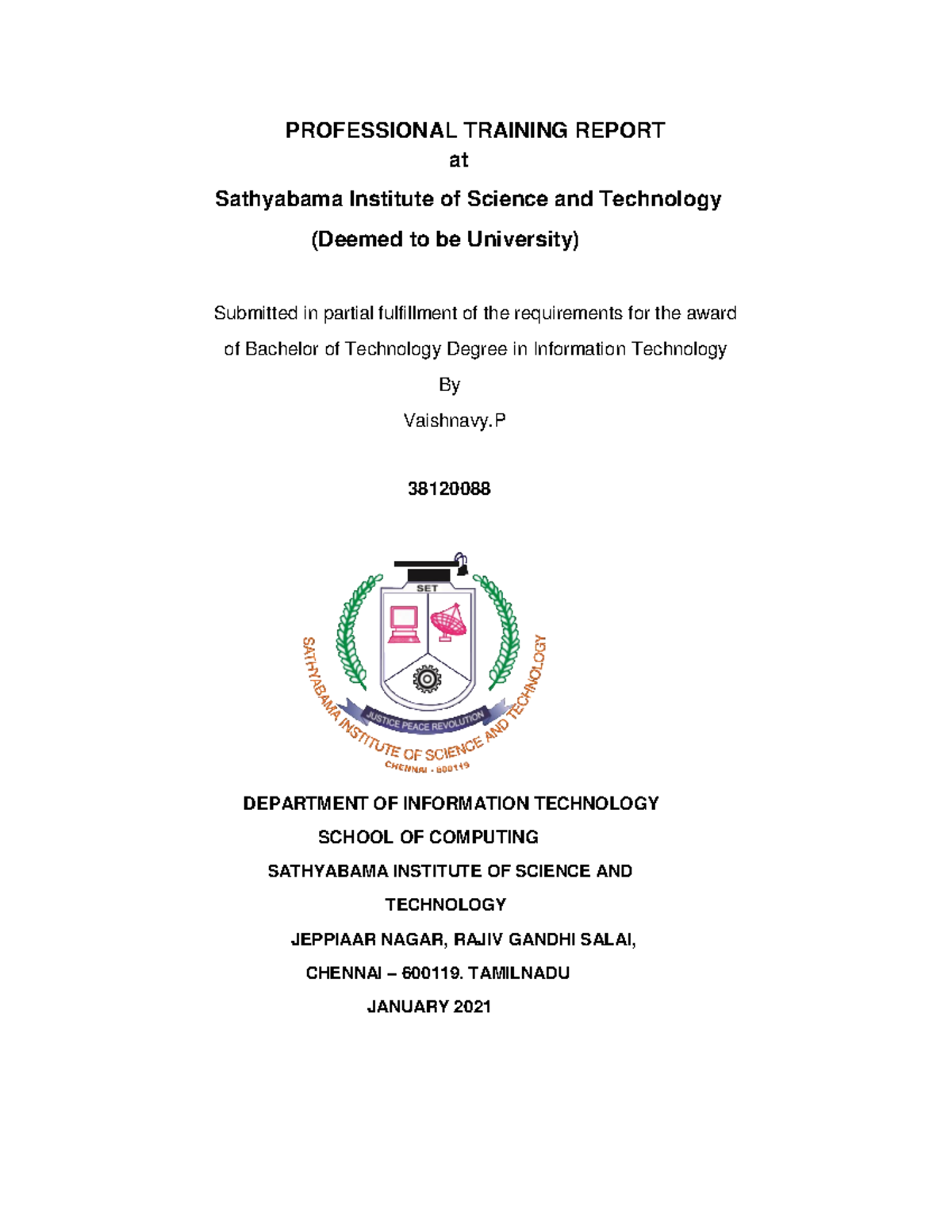 B - Mini project - PROFESSIONAL TRAINING REPORT at Sathyabama Institute ...