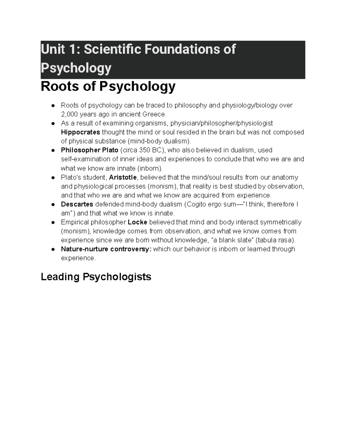 Pyshcology Unit 1 - Unit 1: Scientific Foundations of Psychology Roots of Psychology Roots of ...