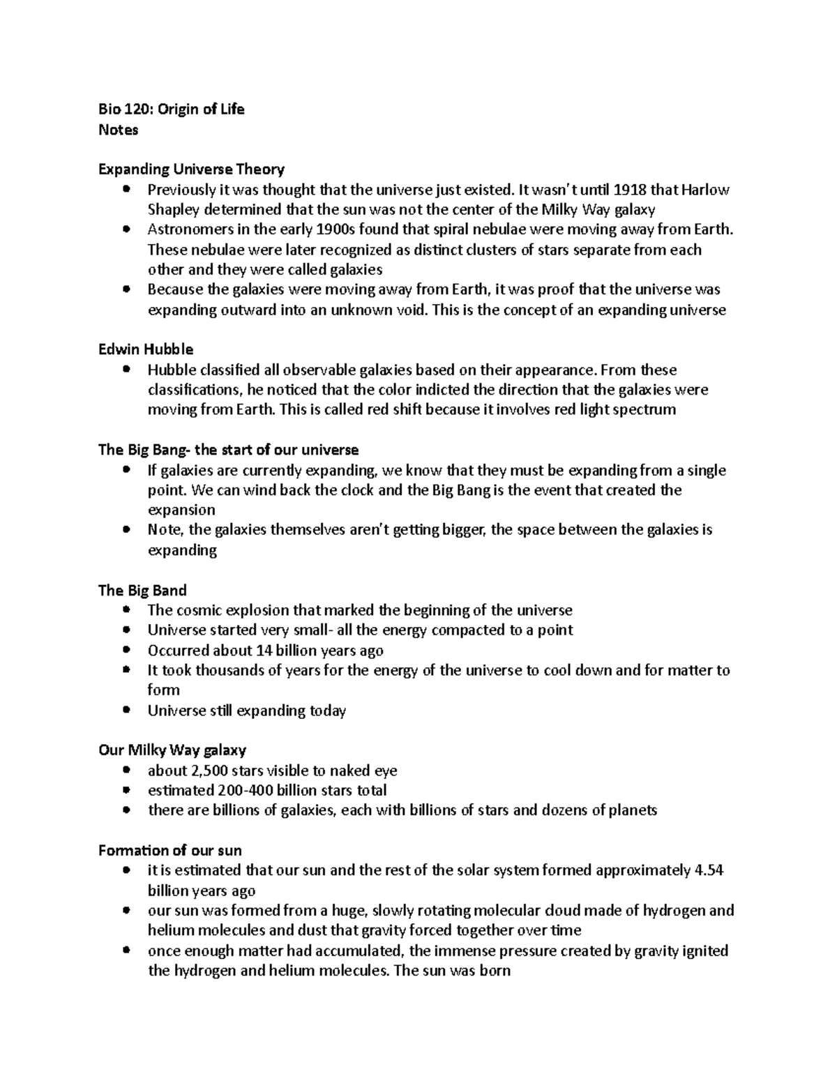 Bio 120- origin of life - lecture notes for tests/quizzes - Bio 120 ...