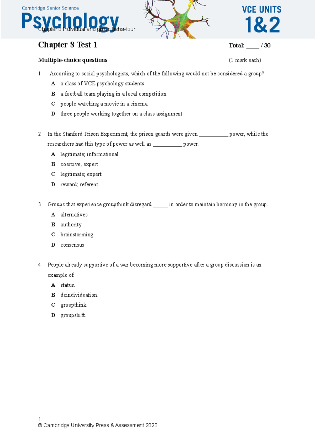 U2AOS1 Practice Questions Part 2 - Marking guide - Chapter 8 Test 1 ...