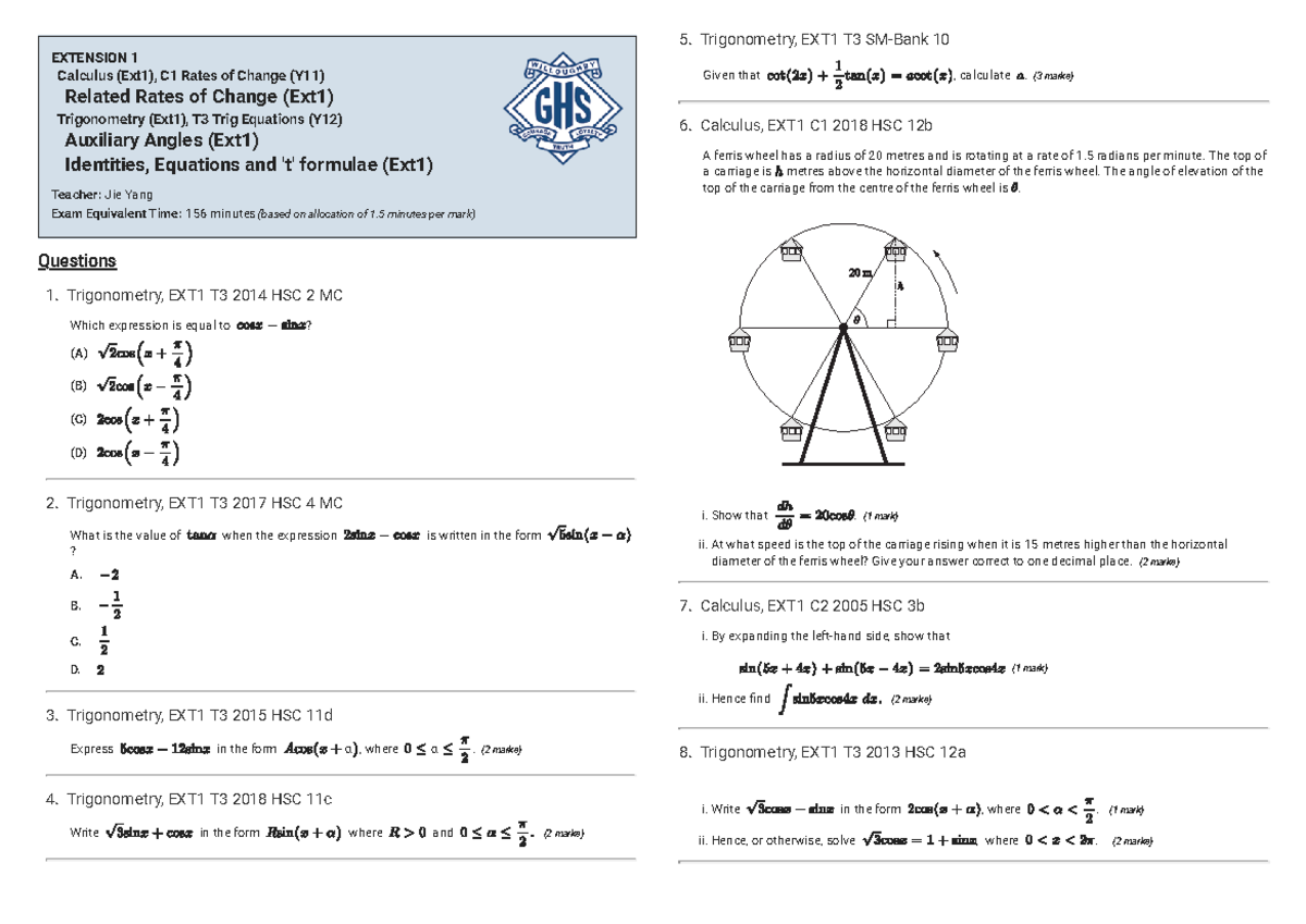 Ext1 Related rates with Trig and Trig Equations - 1. Trigonometry, EXT1 ...
