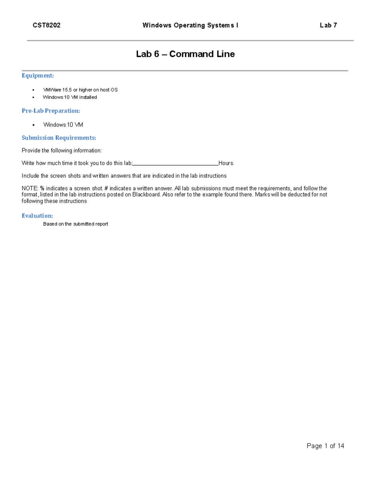 Lab 6 - Command Line - CST8202 - CST8202 Windows Operating Systems I Lab 7 Page 1 of 14 Lab 6 ...