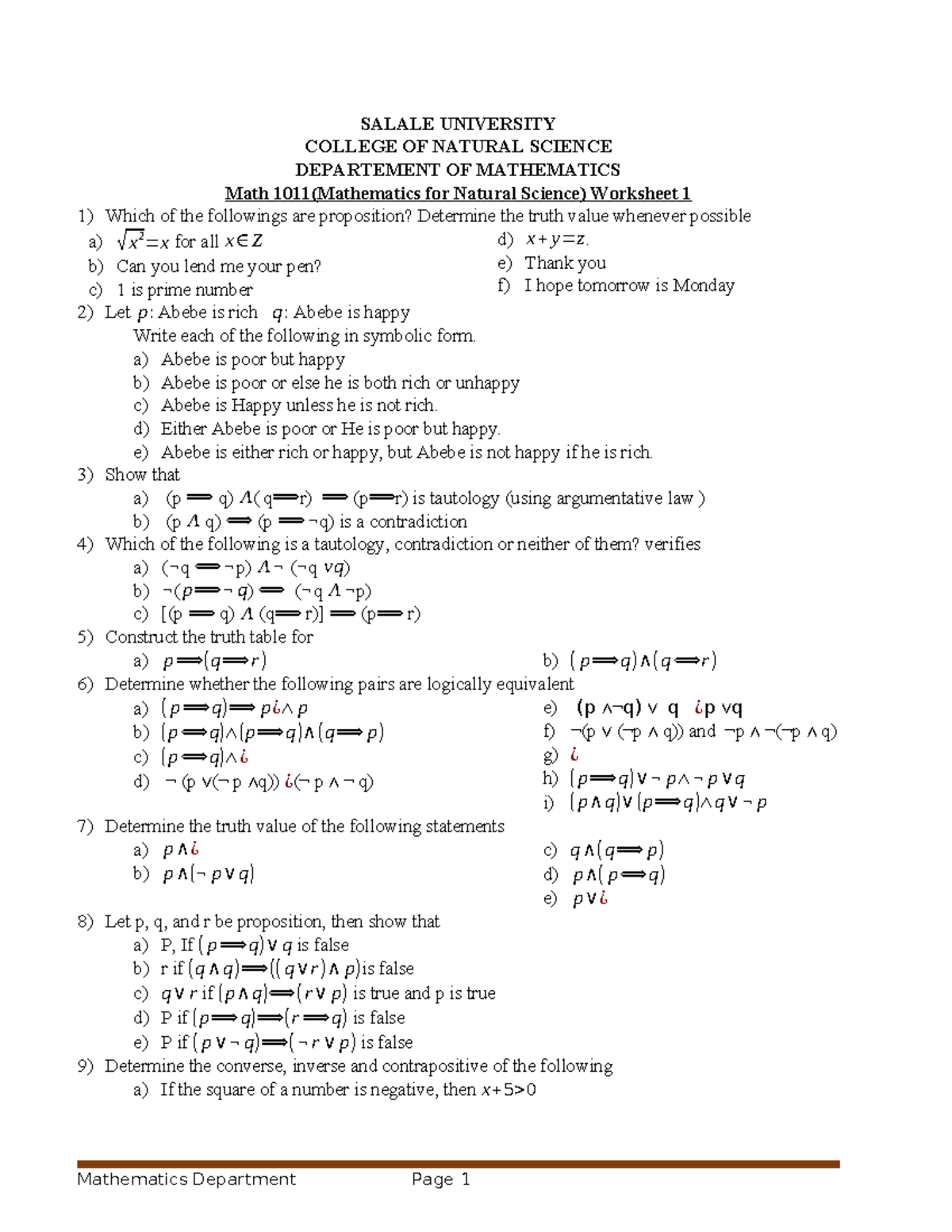 Math 1011(Mathematics for Natural Science) Worksheet 1 - SALALE ...