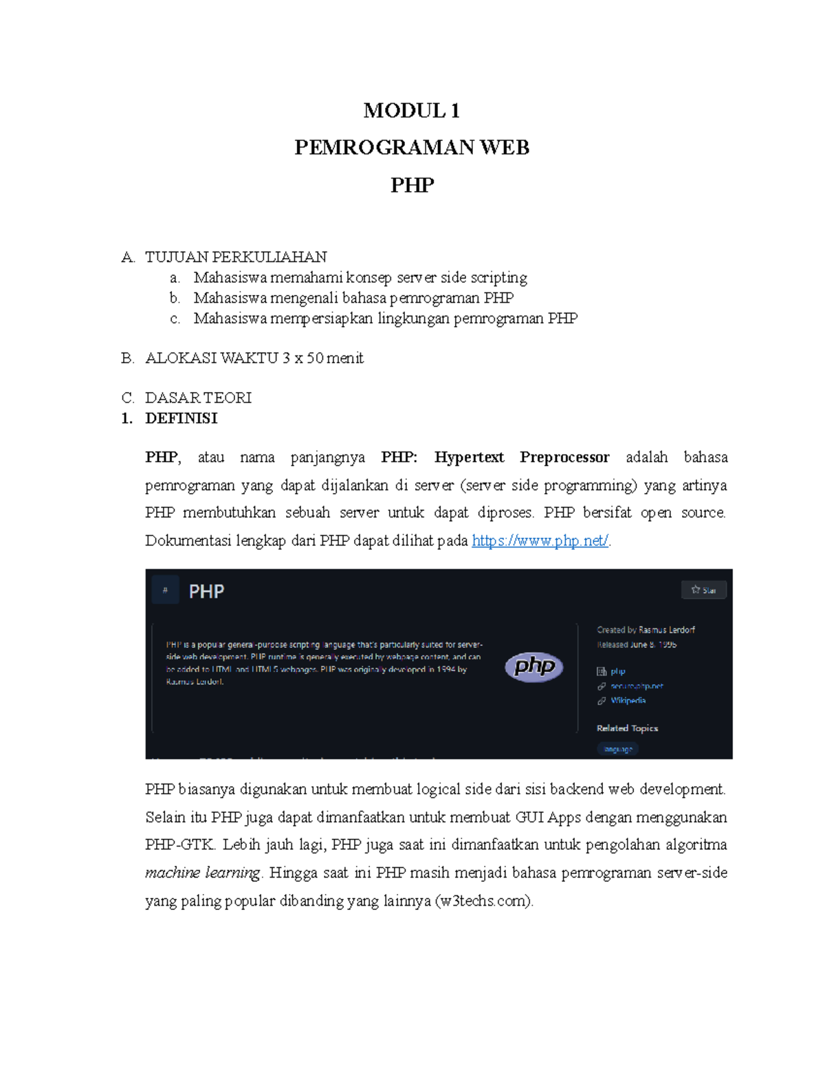 Modul 01 PHP - php - MODUL 1 PEMROGRAMAN WEB PHP A. TUJUAN PERKULIAHAN a. Mahasiswa memahami ...