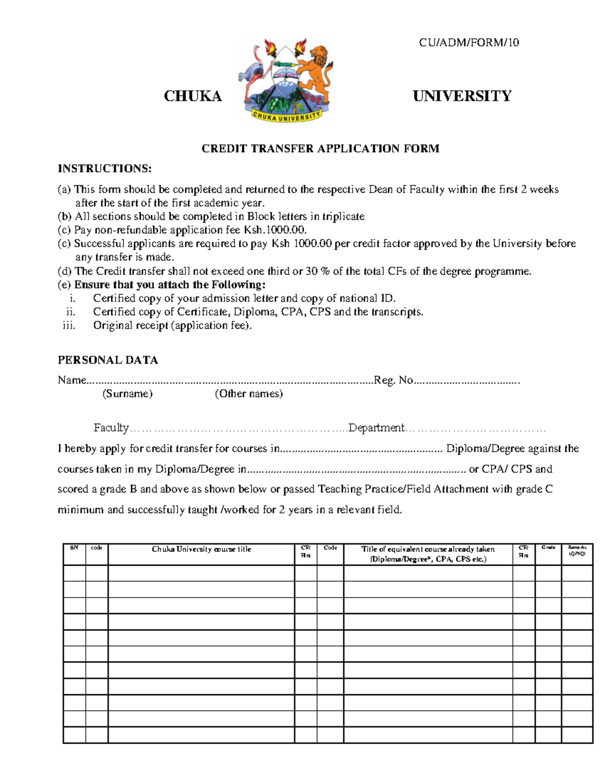 Credit- Transfer-FORM - CU/ADM/FORM/ CHUKA UNIVERSITY CREDIT TRANSFER ...