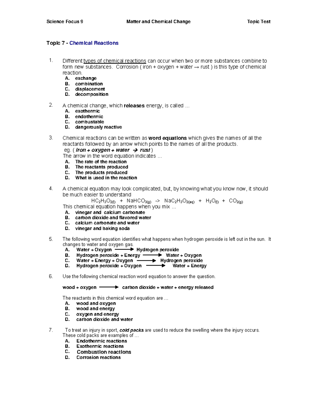 Chemical Reactions Practice Test - Studocu