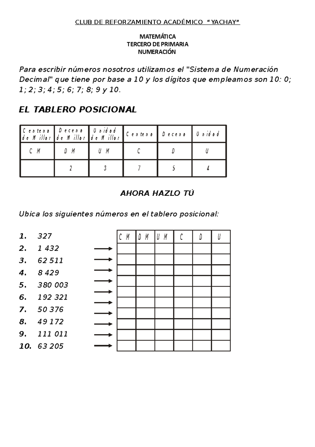 Numeracion para Tercero de Primaria - CLUB DE REFORZAMIENTO ACADÉMICO ...