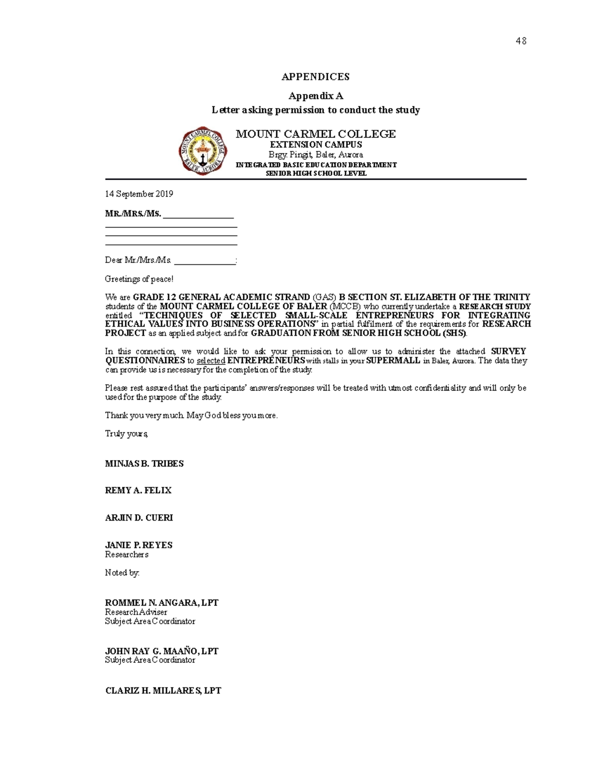 Appenduces for research studies blah - APPENDICES Appendix A Letter ...