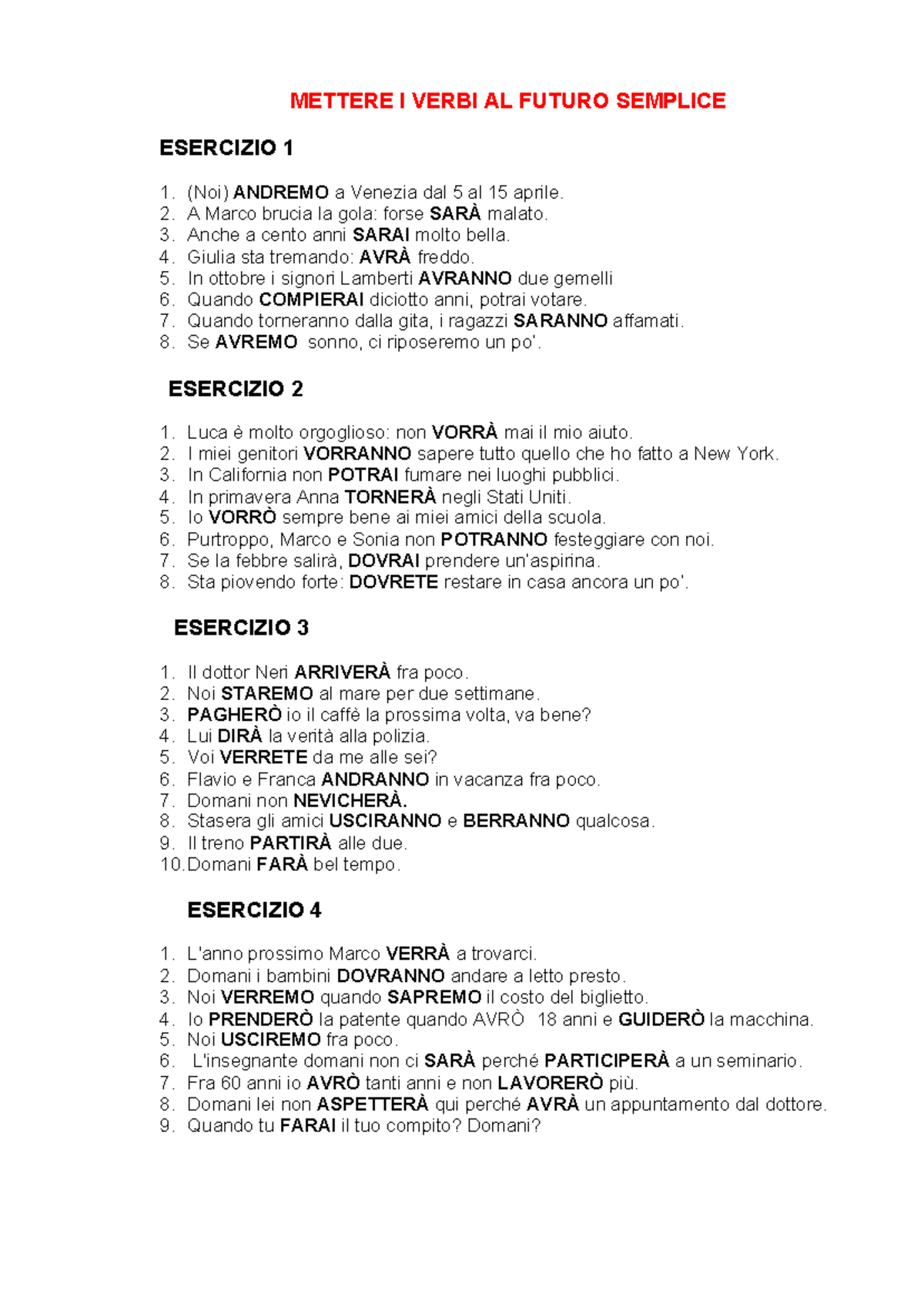 Урок 1 ОТВЕТЫ Futuro Semplice e Anteriore - METTERE I VERBI AL FUTURO ...