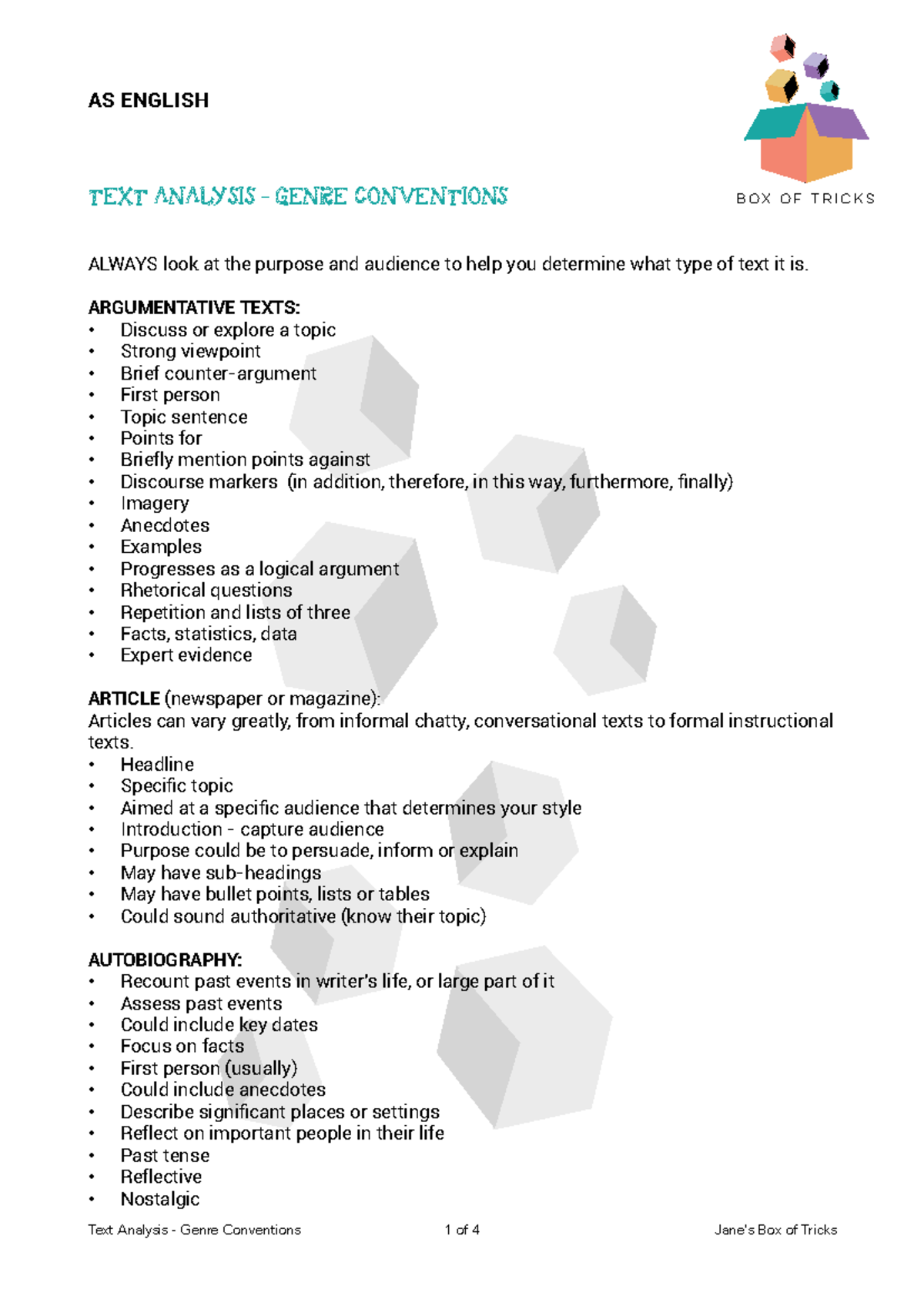 Text Genre Conventions - AS ENGLISH TEXT ANALYSIS - GENRE CONVENTIONS ...