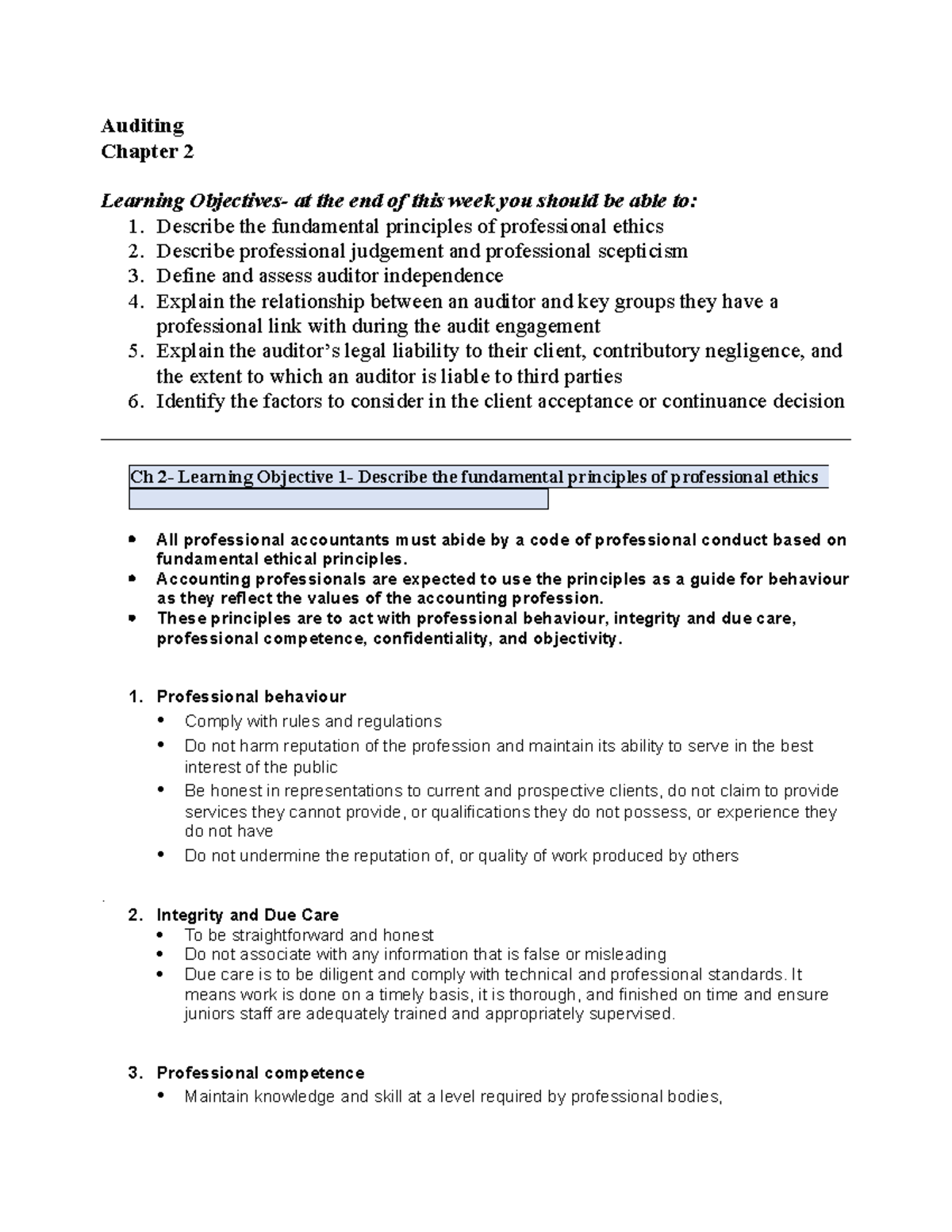 Audit Class Notes Ch 2 - Auditing Chapter 2 Learning Objectives- at the ...