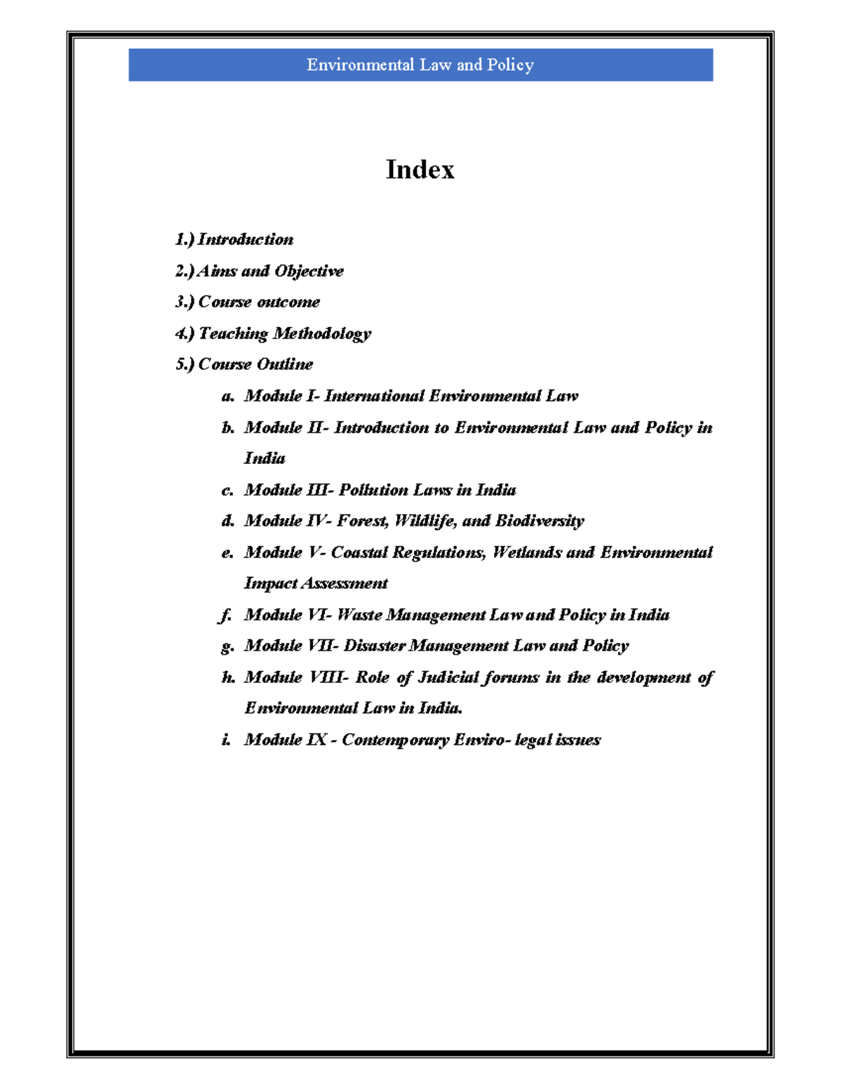 Environment Law Internship Toolkit - Index 1.) Introduction 2.) Aims ...