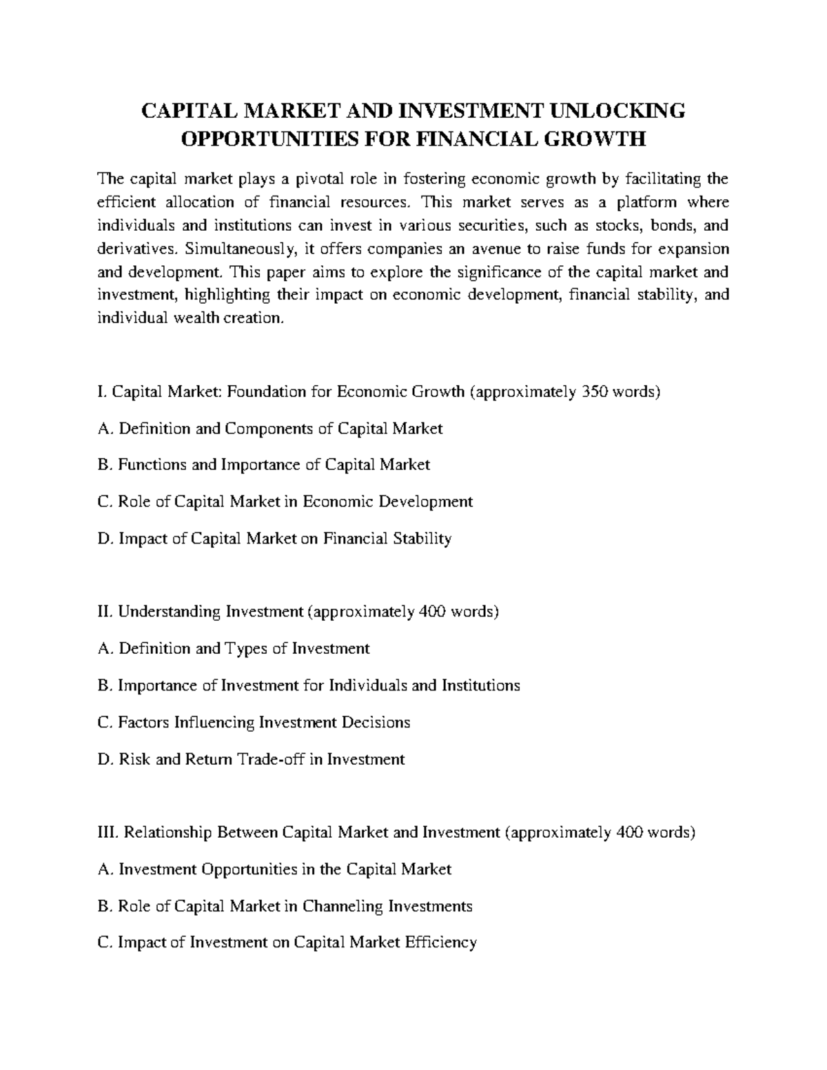 Capital Market AND Investment Unlocking Opportunities FOR Financial Growth - econ 113 - Studocu
