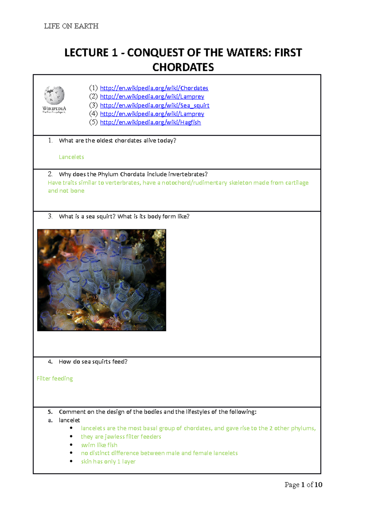 Chordates workbook lectures 1 - 4 - LECTURE 1 - CONQUEST OF THE WATERS ...