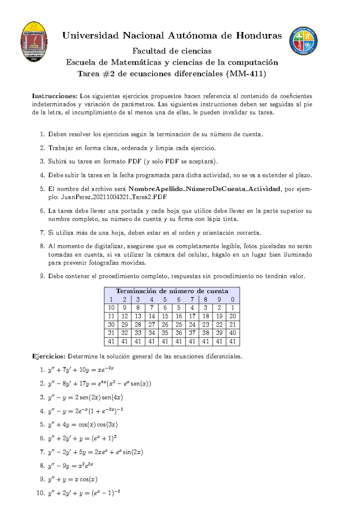 Tarea 2 Ecuaciones Diferenciales - Universidad Nacional Aut ́onoma de Honduras Facultad de ...