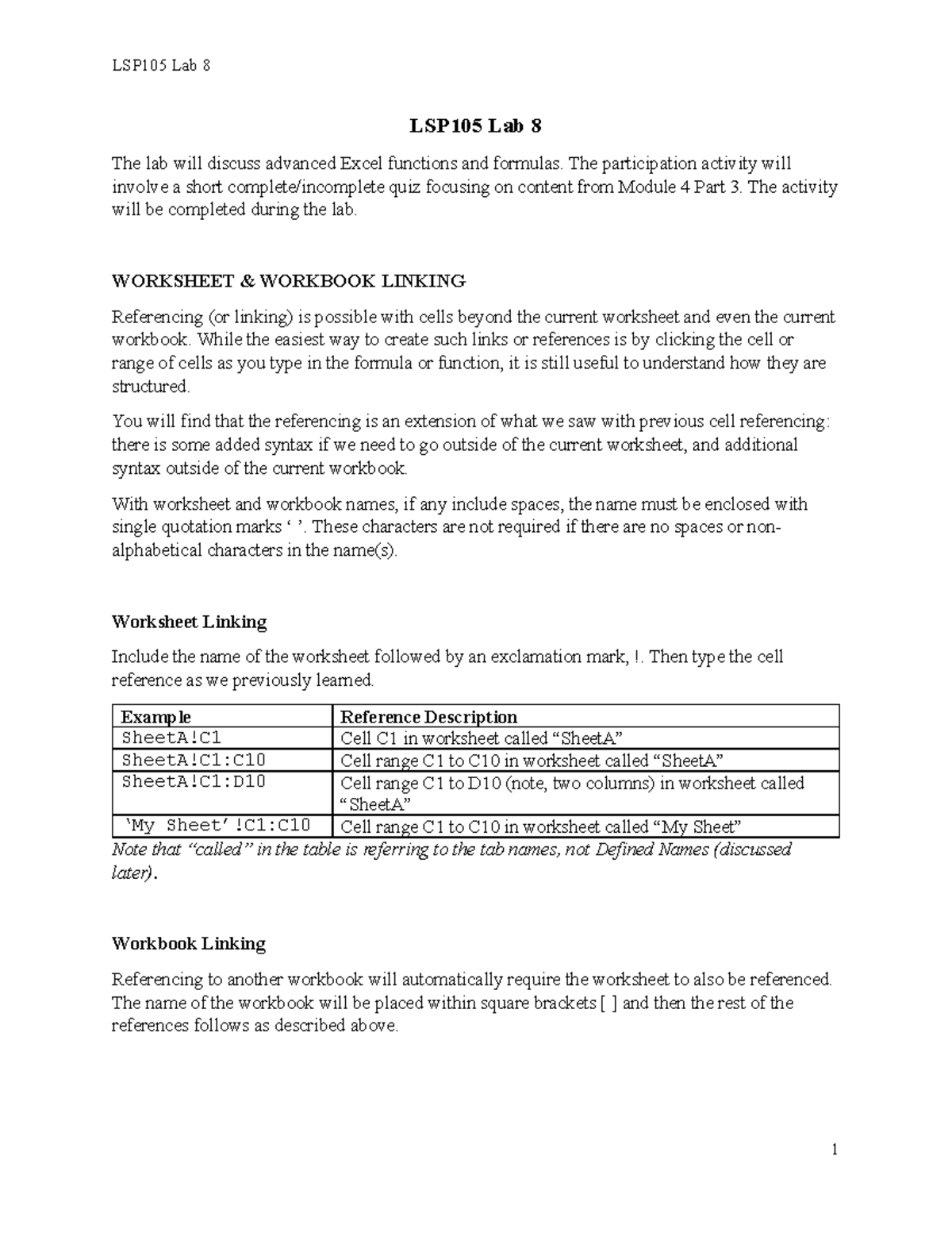 Lab8 protocol - LSP105 Lab 8 The lab will discuss advanced Excel functions and formulas. The ...