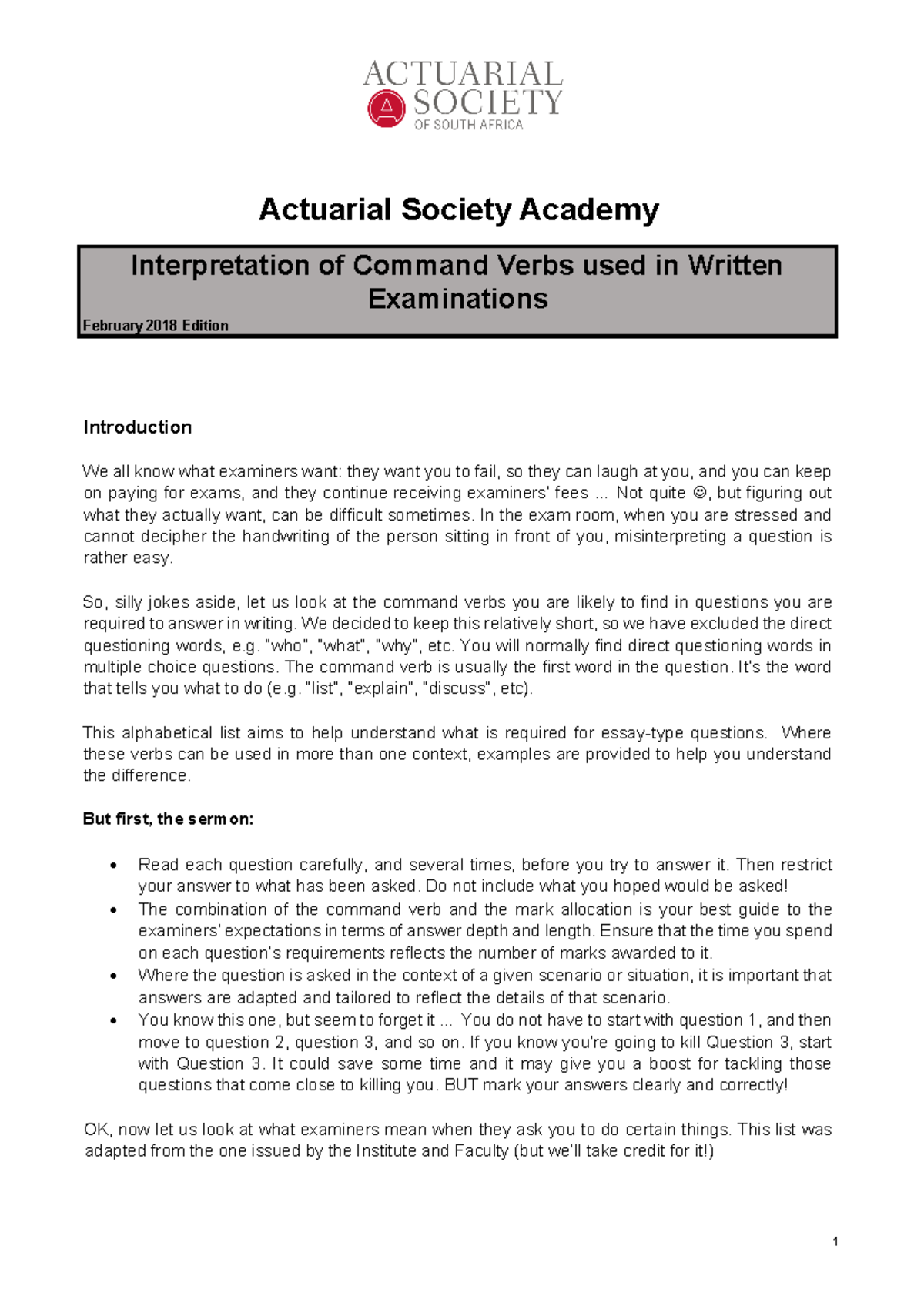 Academy Command Verbs Feb2018 1 - Actuarial Society Academy Interpretation of Command Verbs used ...
