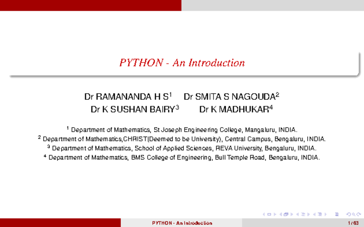 Python Intro - Easy - PYTHON - An Introduction Dr RAMANANDA H S 1 Dr ...