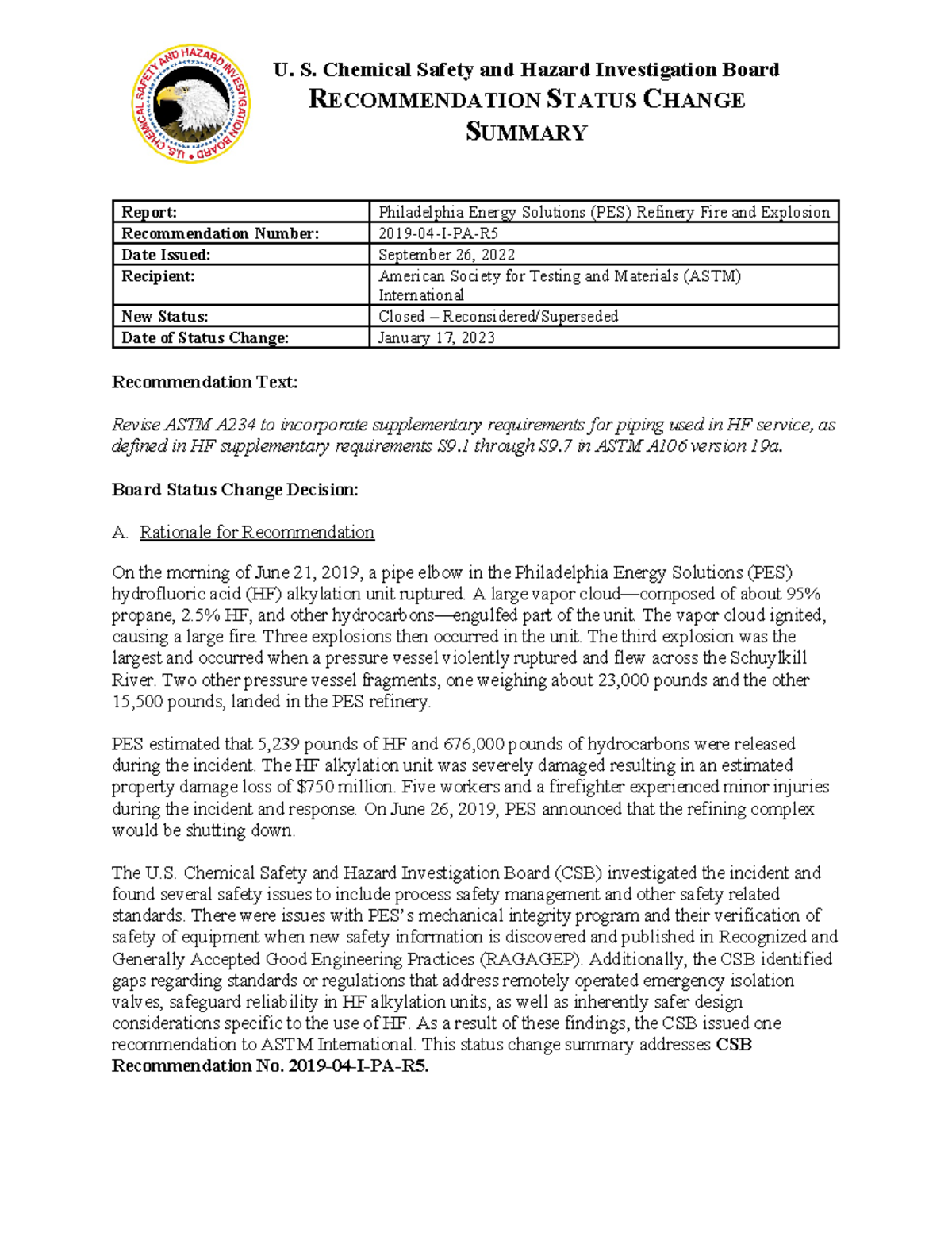 Status change summary astm (pes r5) c-rs - U. S. Chemical Safety and ...