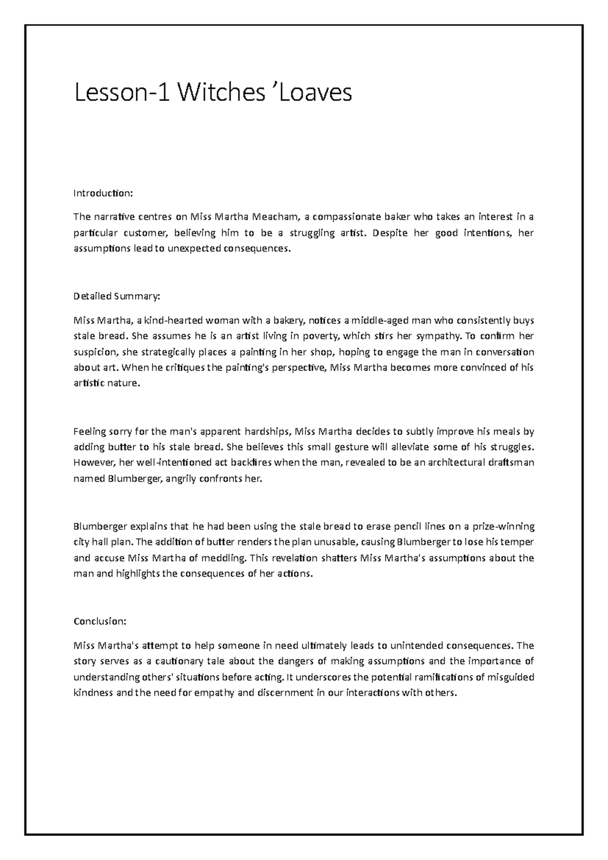 English Summary - NFIWJEFWINIKL - Lesson- 1 Witches ’Loaves ...