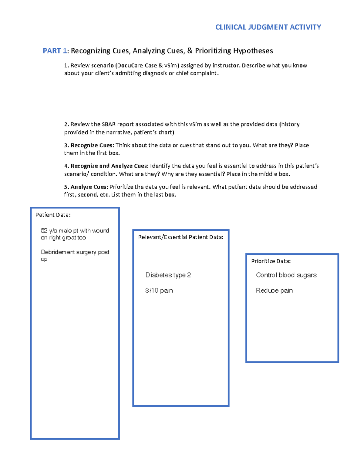 Pre-Sim Clinical Judgment Worksheet - CLINICAL JUDGMENT ACTIVITY PART 1 ...
