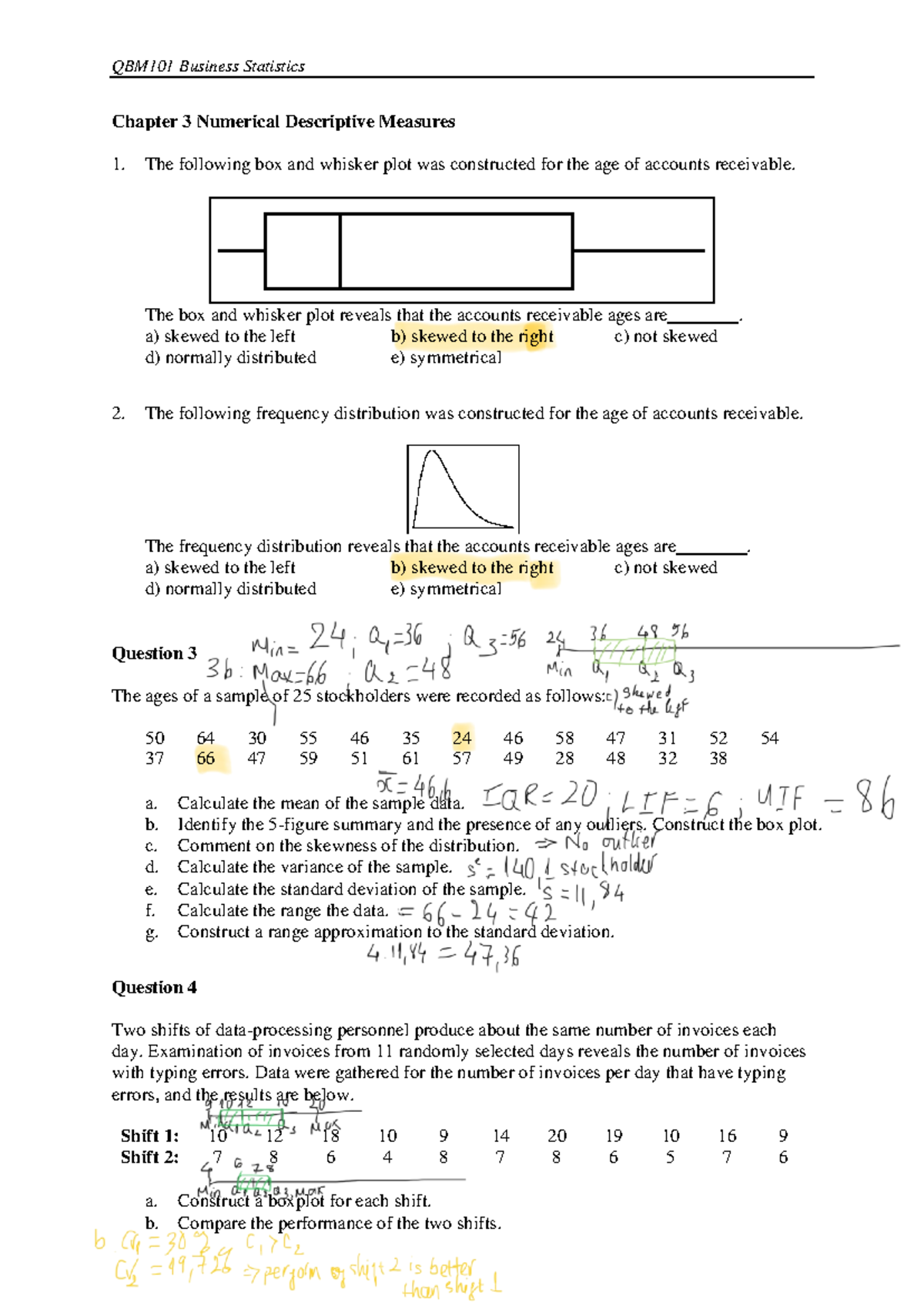 QBM101 Tutorial 4 - Qbm - QBM101 Business Statistics Chapter 3 Numerical Descriptive Measures ...