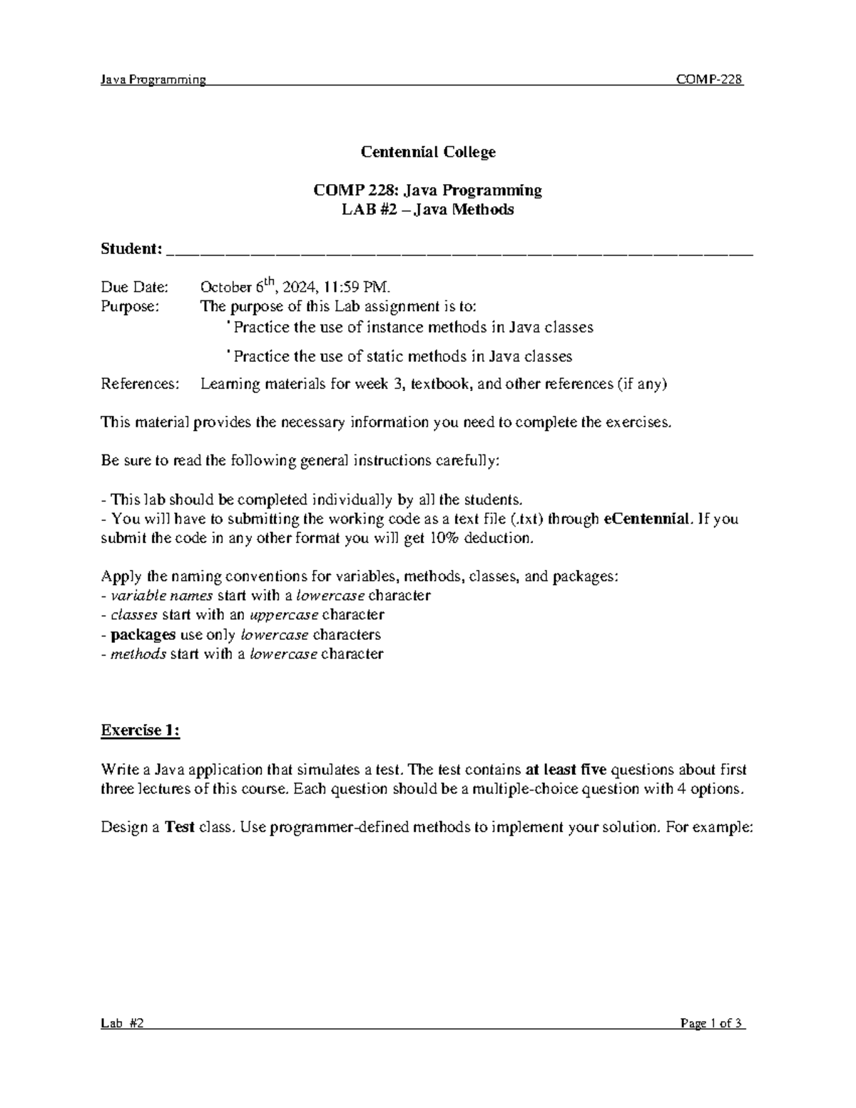 Java lab 2 - FGWrGWRGWRGwrg - Java Programming COMP- 228 Centennial College COMP 228: Java - Studocu