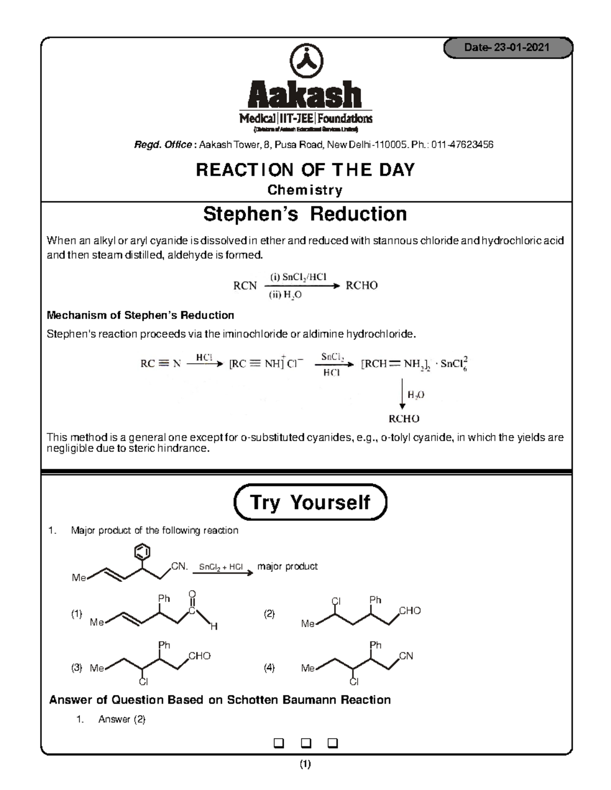 Stephen’s Reduction - (1) When an alkyI or aryl cyanide is dissolved in ...
