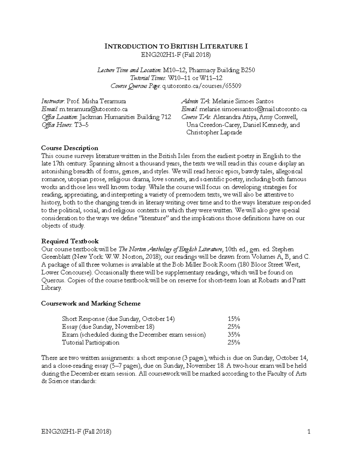 Eng202H Syllabus - INTRODUCTION TO BRITISH LITERATURE I ENG202H1-F ...