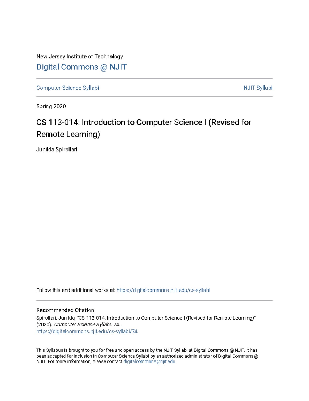CS 113-014 Introduction to Computer Science I (Revised for Remot - New ...