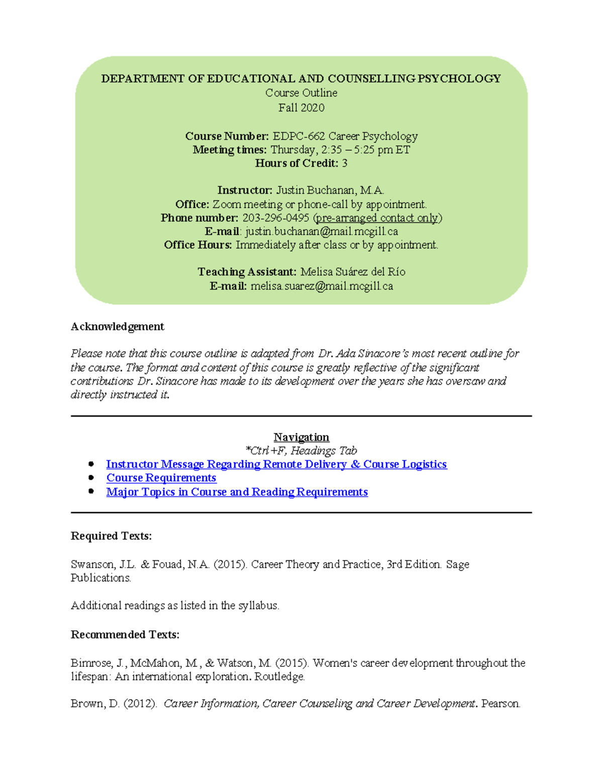 EDPC-662 Career Psychology Syllabus - DEPARTMENT OF EDUCATIONAL AND ...