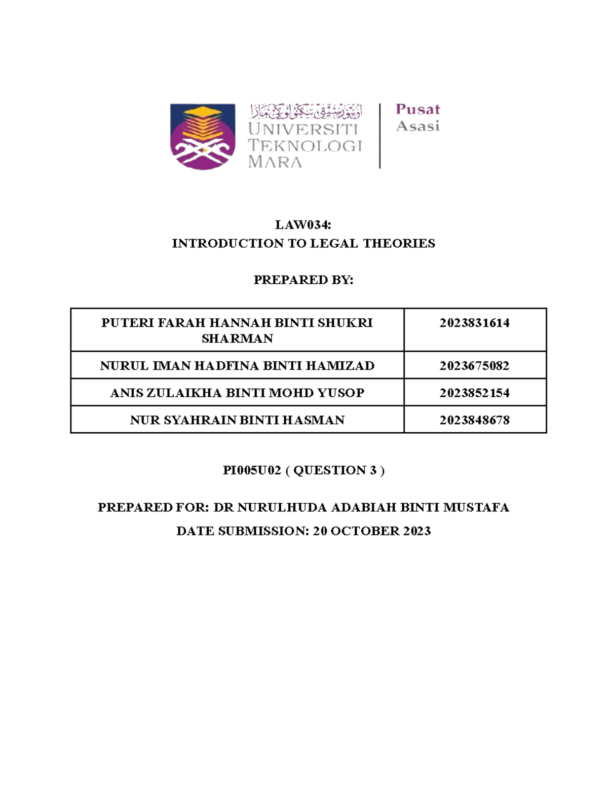 LAW034 Group Assignment ( Question 3) - U02pdf - LAW034: INTRODUCTION ...