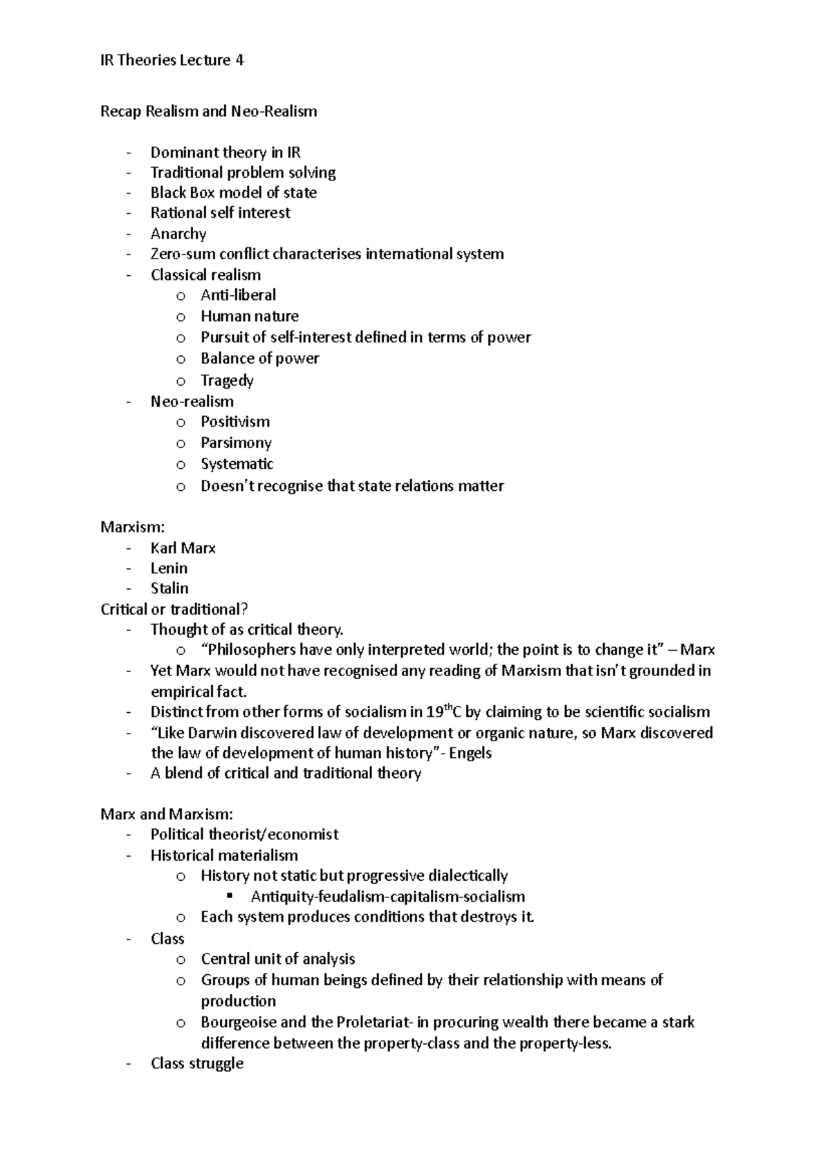 Marxism Lecture 4 - David Blunt - IR Theories Lecture 4 Recap Realism ...