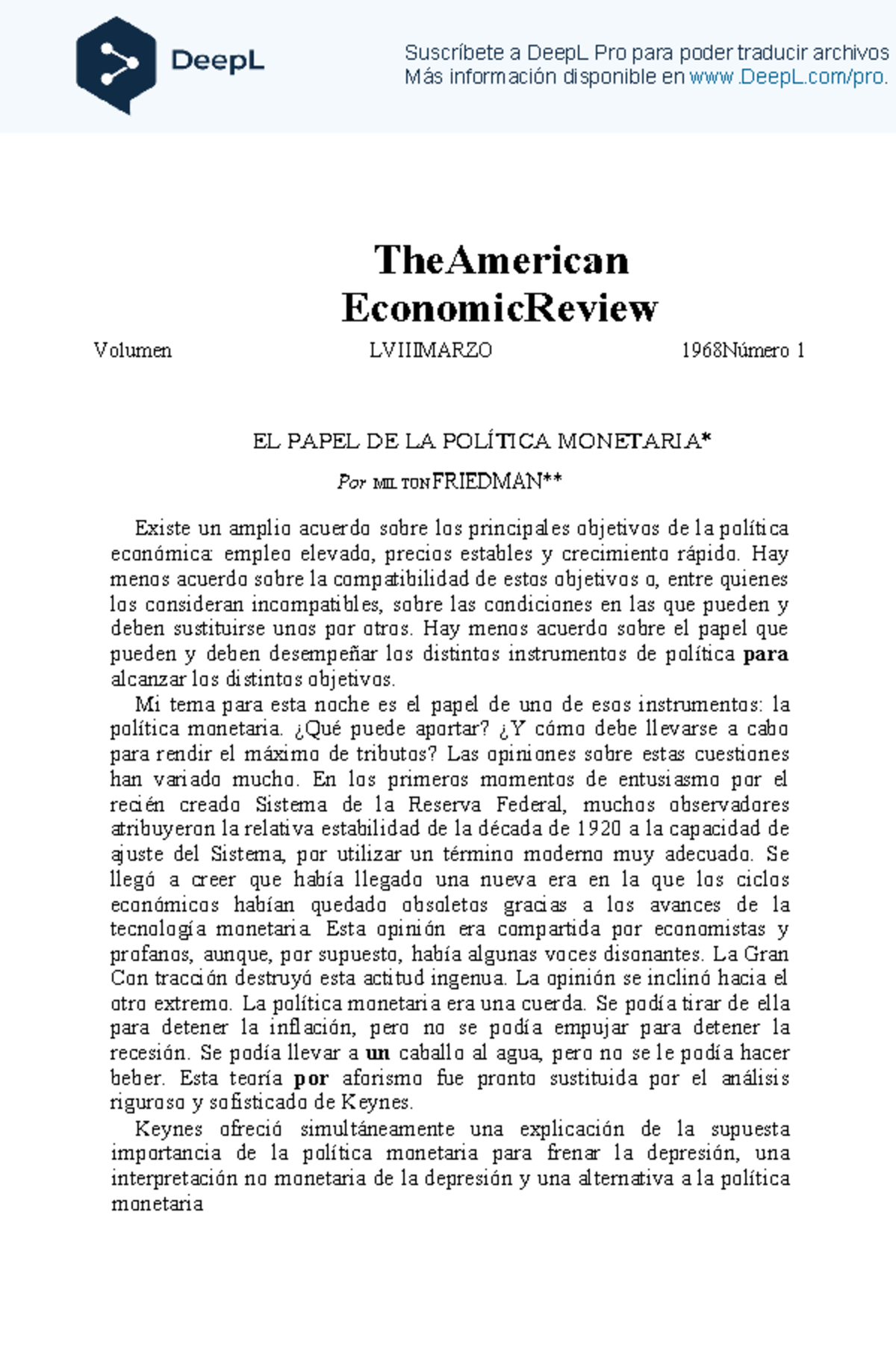 The role of monetary policy. Milton Friedman ES - Política Econòmica ...