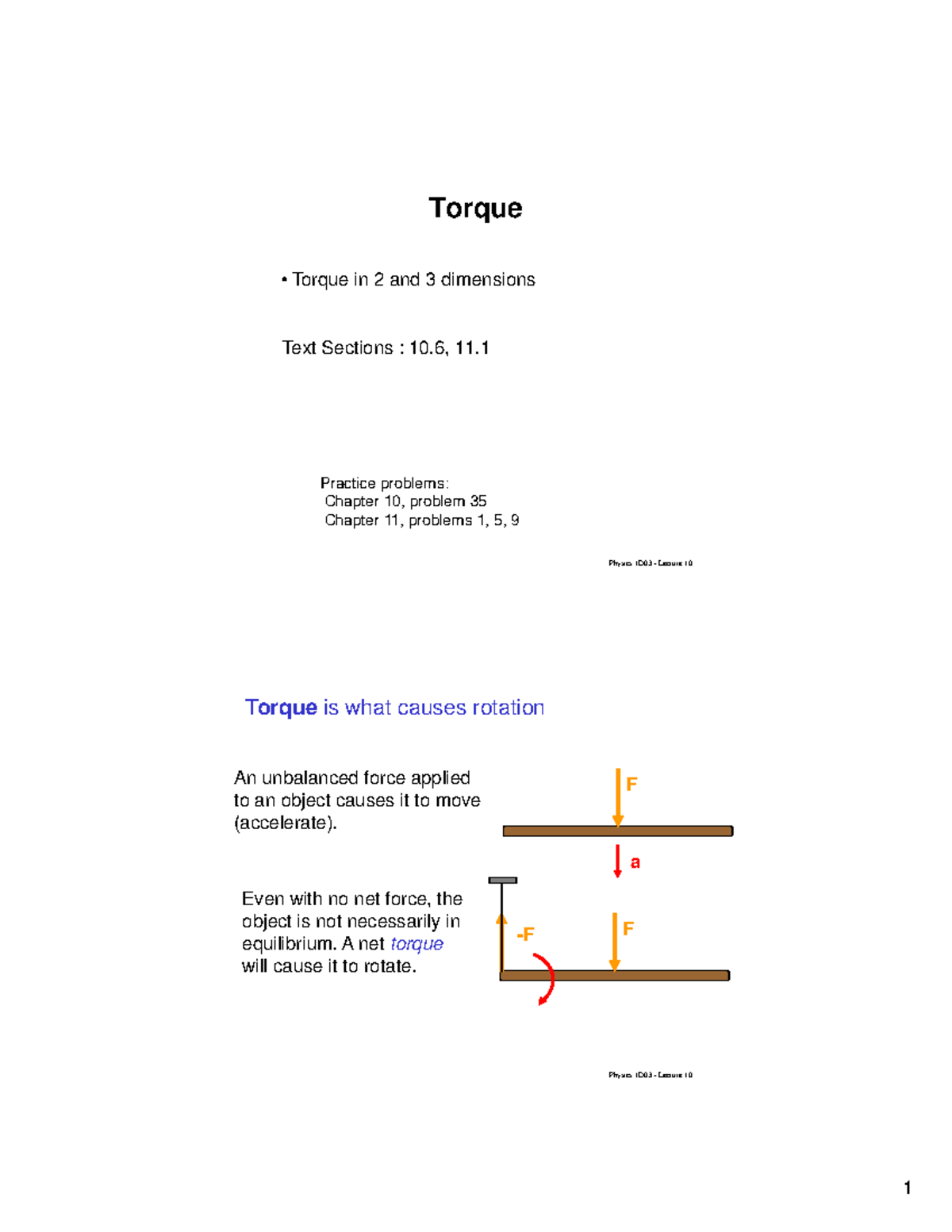 Lecture 12 - Torque - Physics 1D03 - Lecture 10 Torque Text Sections ...