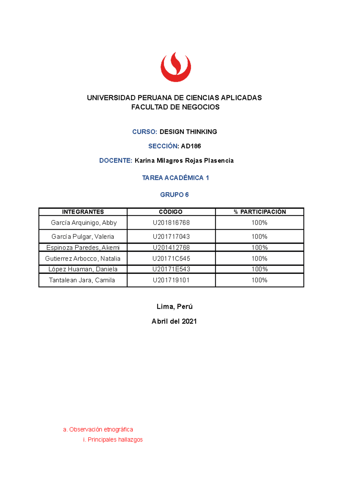 TA1 Design Thinking - Nota: 17 - UNIVERSIDAD PERUANA DE CIENCIAS ...