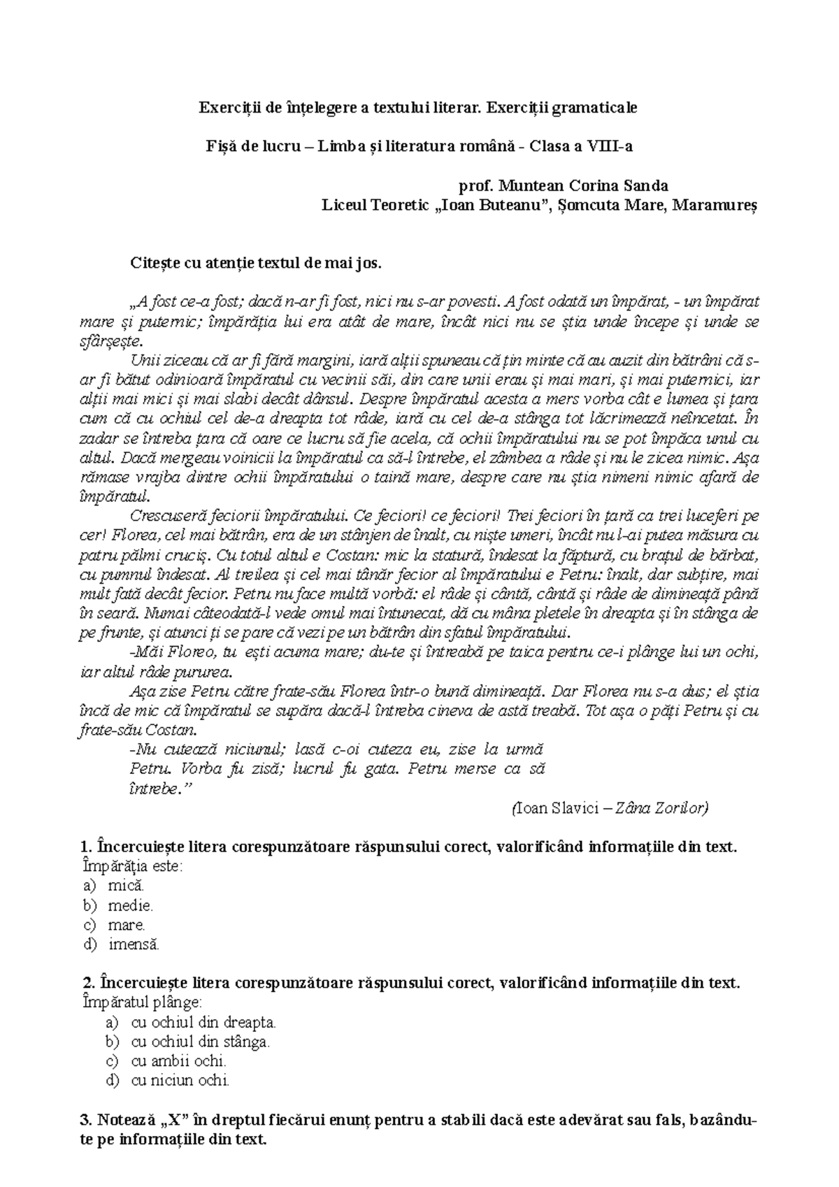 Exercitii de intelegere a textului literar - Exerciții de înțelegere a ...