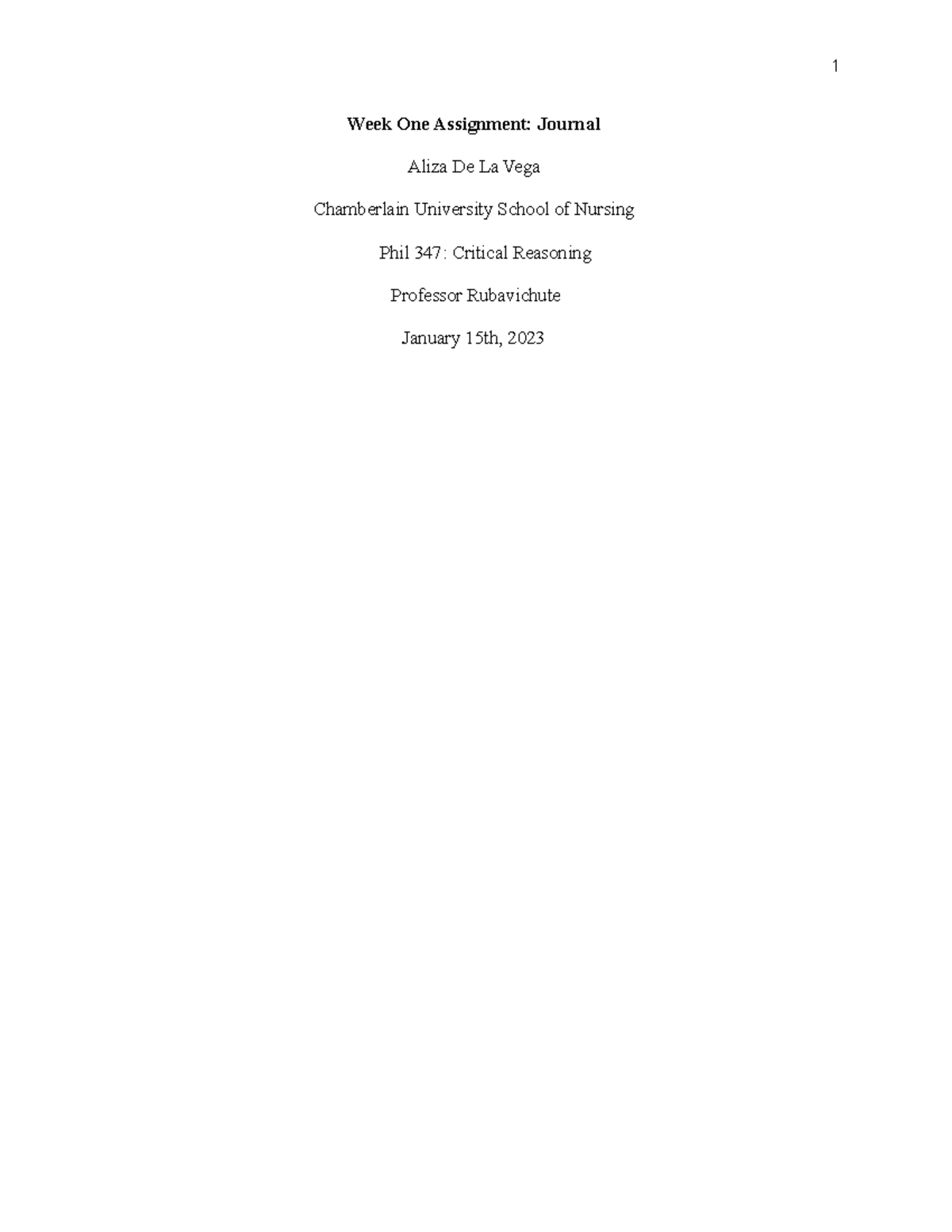 Week One Assignment Journal - Week One Assignment: Journal Aliza De La Vega Chamberlain ...