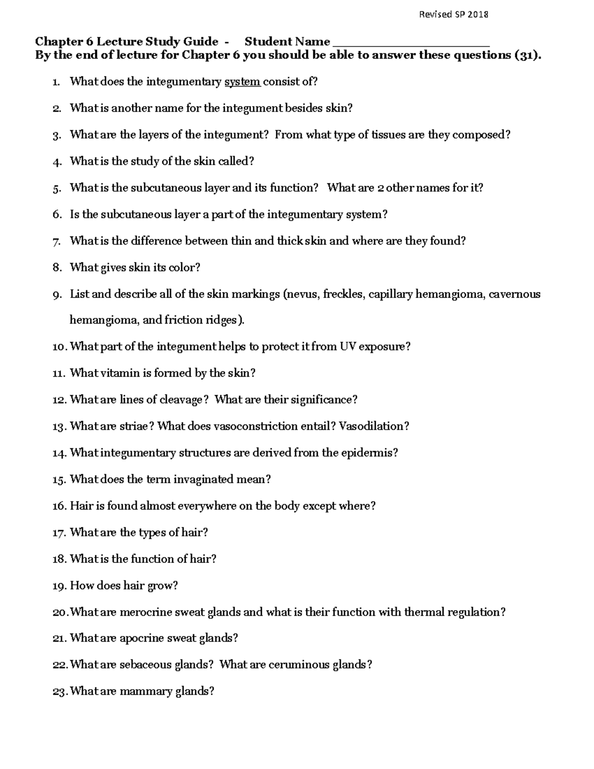 Chapter 6 Lecture Study Guide SP 2018 - Copy - Revised SP 2018 Chapter ...