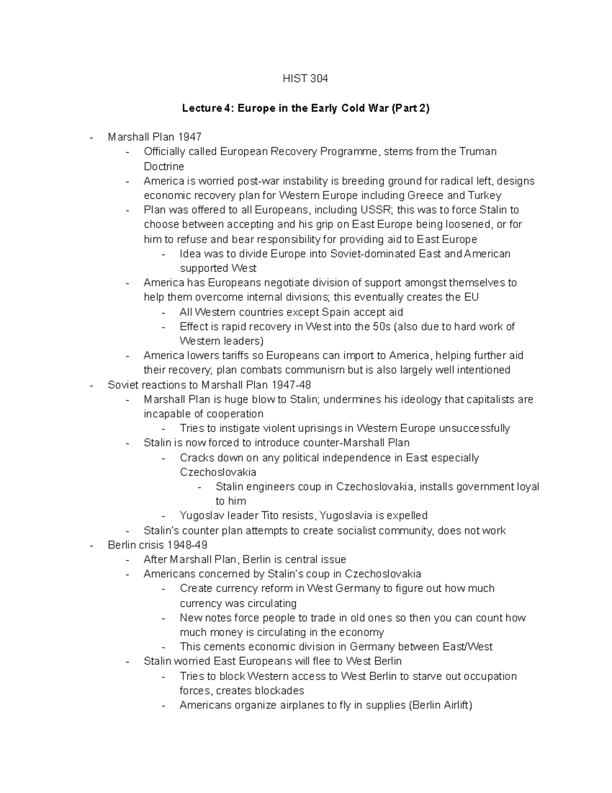 HIST 304 Lecture 4 Notes: Europe in the Early Cold War, Pt. 2 - HIST ...