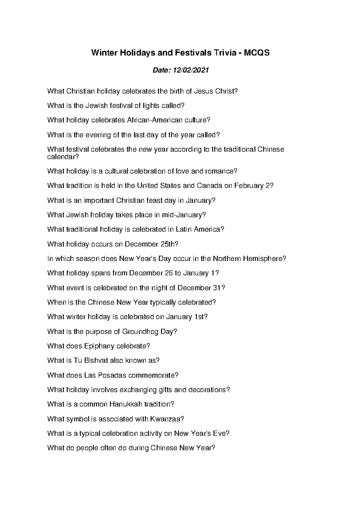 Winter Holidays and Festivals Trivia MCQS 74 - Studocu
