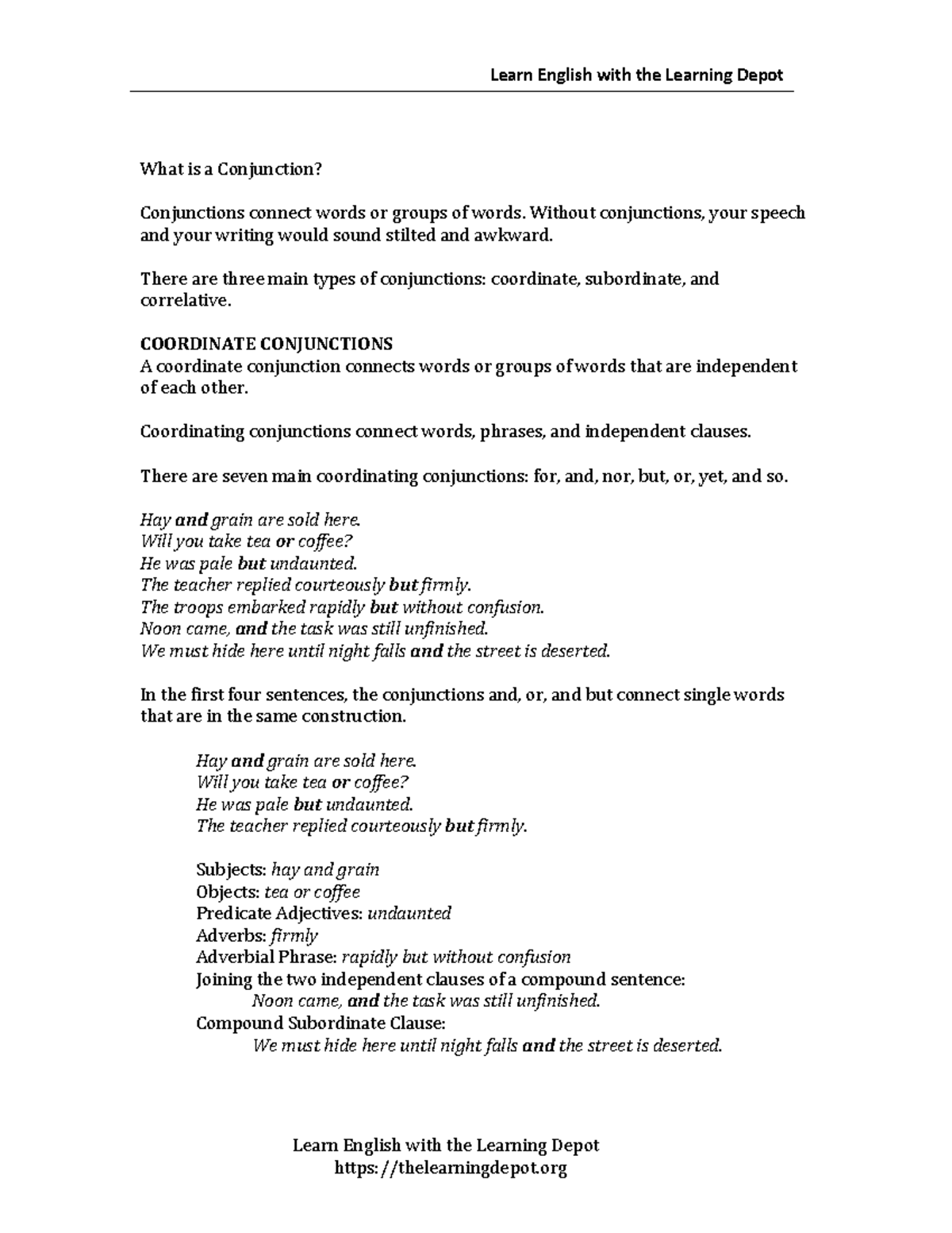 What is a Conjunction - notes - Learn English with the Learning Depot ...