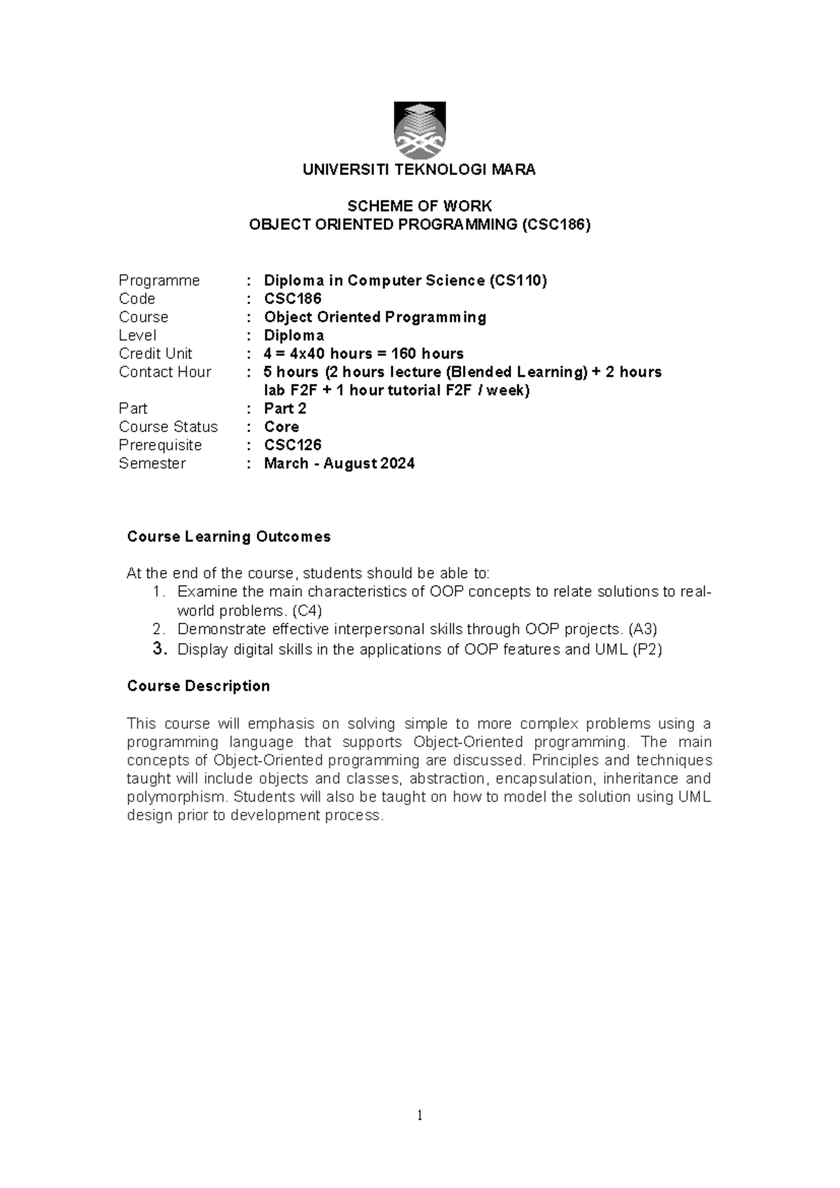 CSC186-Scheme Of Work March August 2024 - UNIVERSITI TEKNOLOGI MARA SCHEME OF WORK OBJECT ...