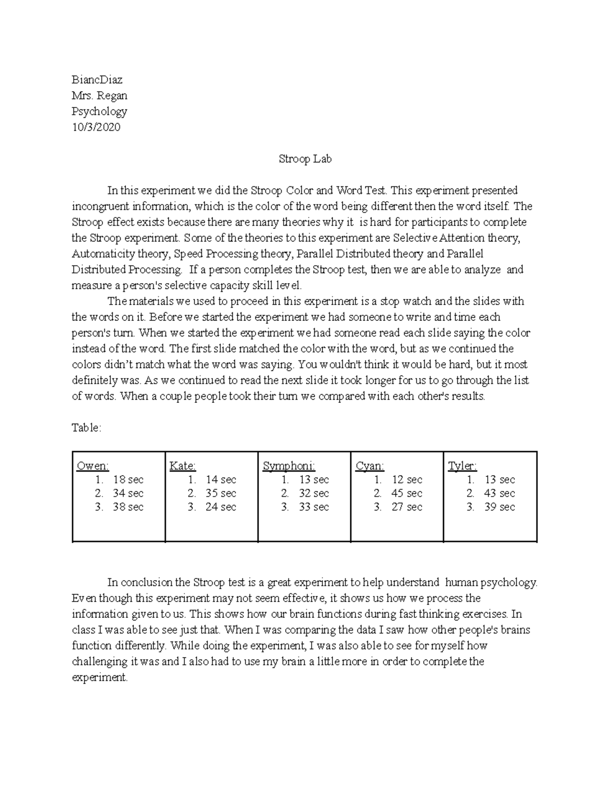 Copy of Emma Diaz - 10 02- Stroop Lab - BiancDiaz Mrs. Regan Psychology 10/3/ Stroop Lab In this ...
