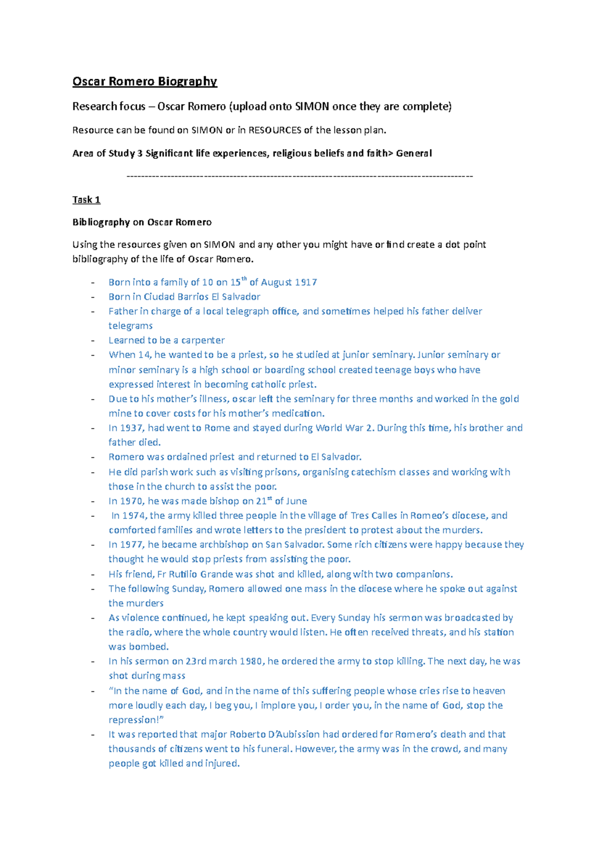 Research task on Oscar Romero Biography - Oscar Romero Biography ...