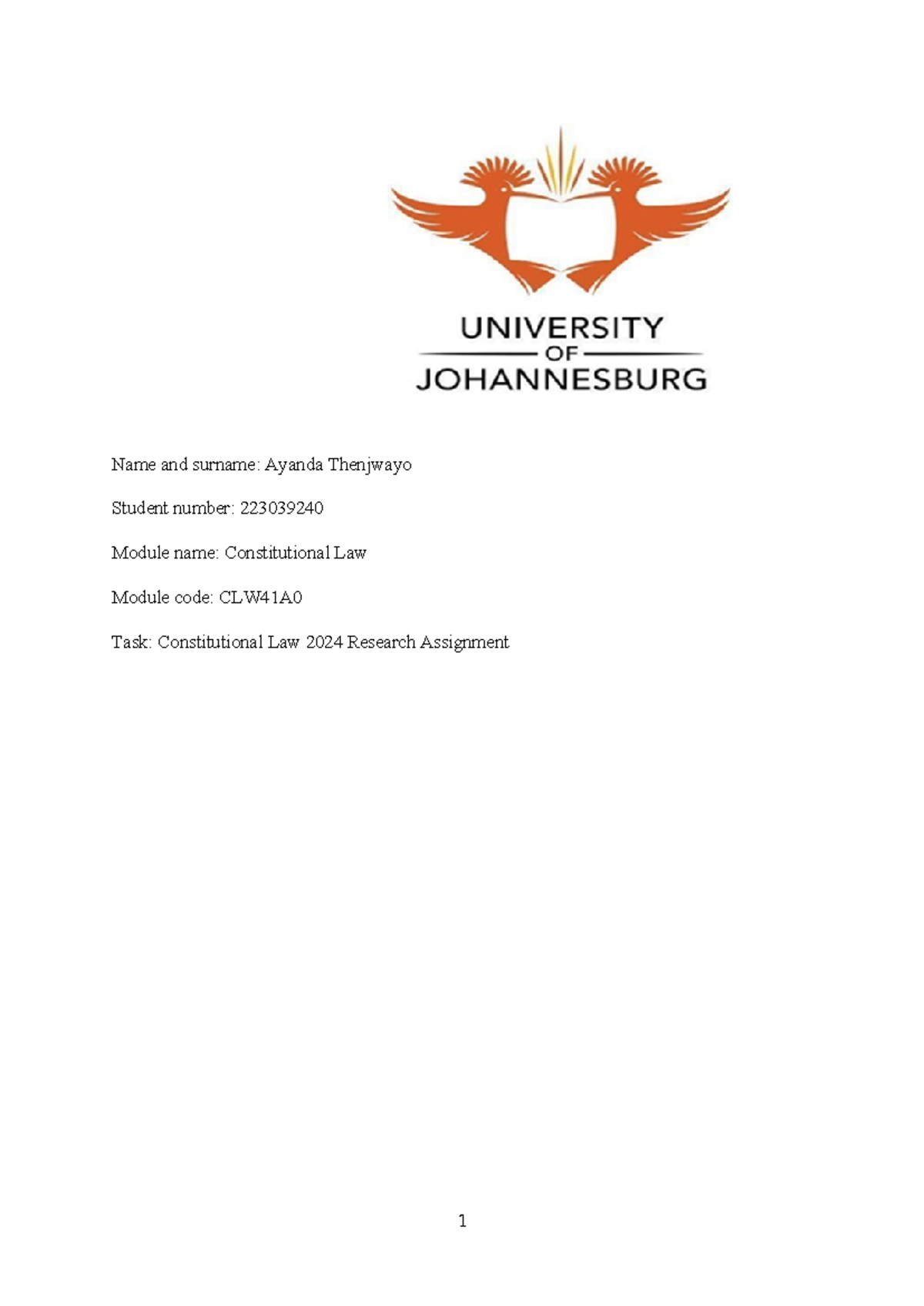 Constitutional law assignment - Name and surname: Ayanda Thenjwayo ...