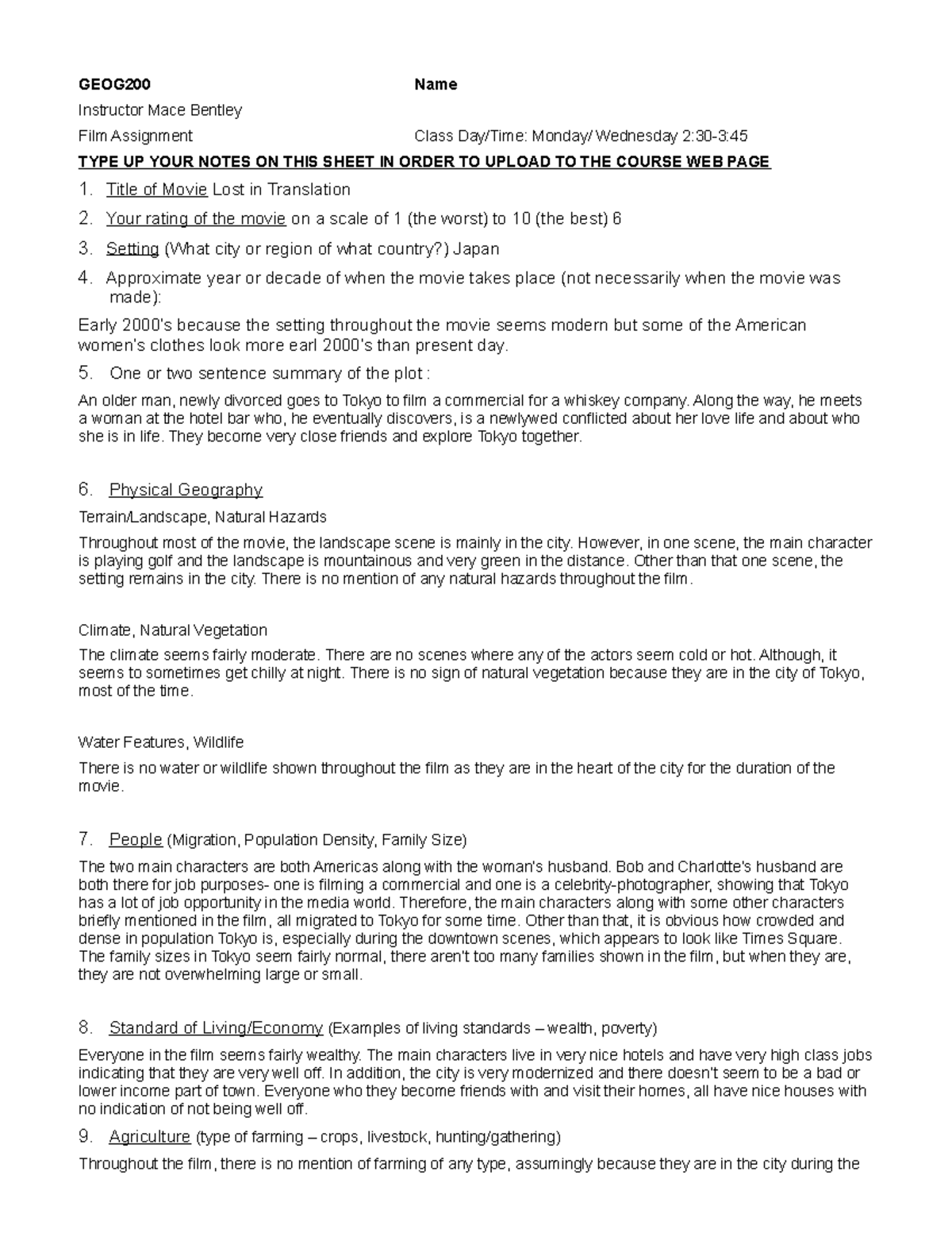Geog200 film assignment - GEOG200 Name Instructor Mace Bentley Film ...